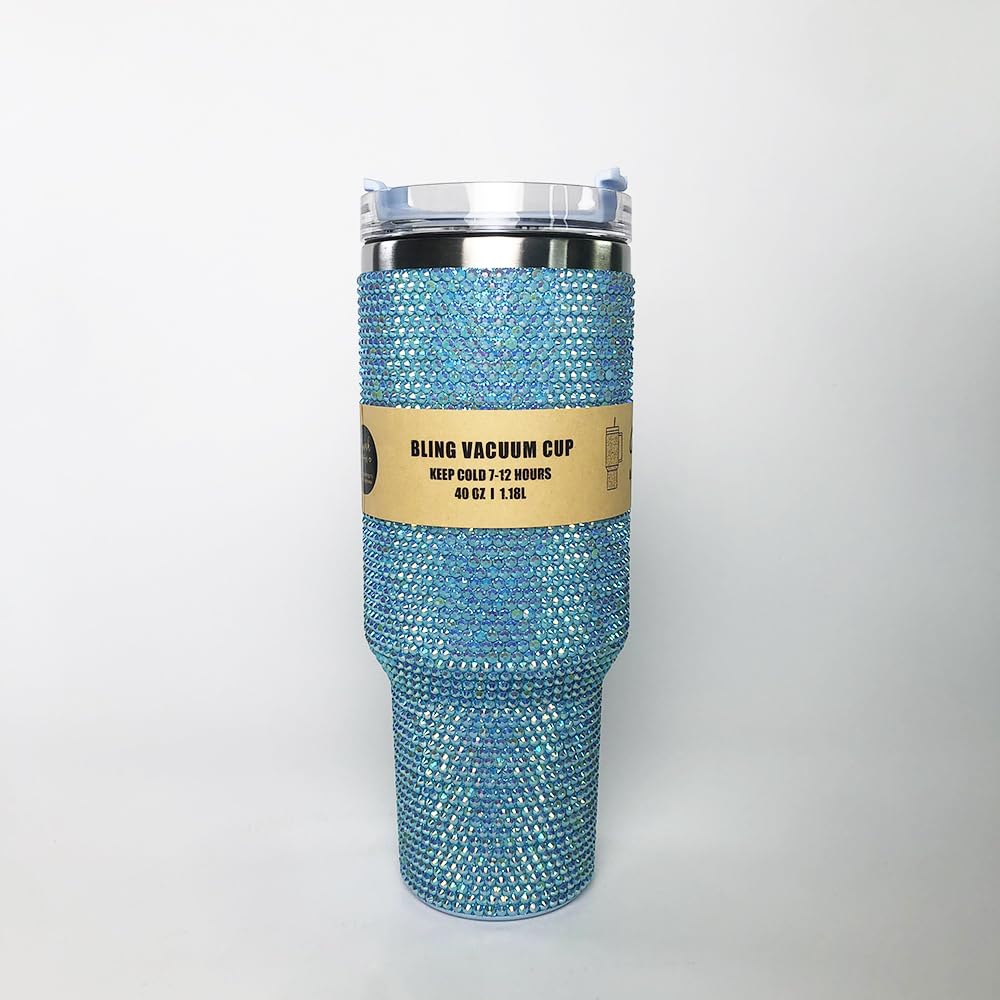Cupcupmore 40oz Print Bling Rhinestone Stainless Steel Sippy Tumbler Glitter Vacuum Insulated Water Bottle with Straw & Lid &Handle,Thermos for Hot & Cold Drinks,Car Cup Holder (Bride Blue, 40 oz)