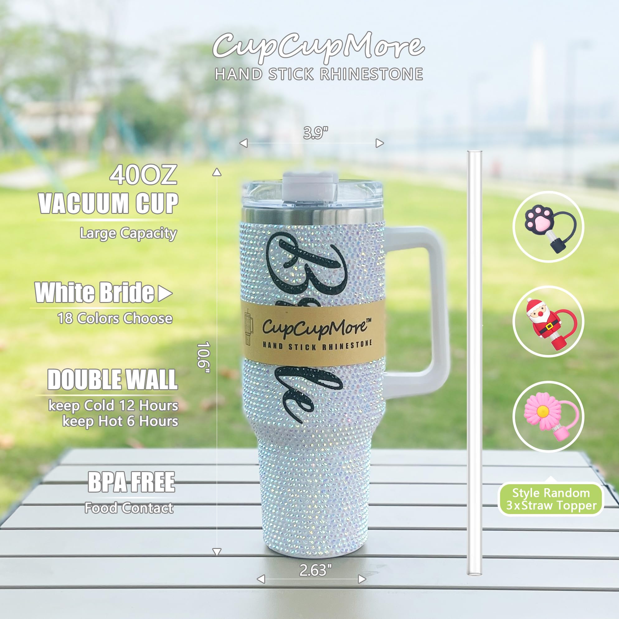 Cupcupmore 40oz Print Bling Rhinestone Stainless Steel Sippy Tumbler Glitter Vacuum Insulated Water Bottle with Straw & Lid &Handle,Thermos for Hot & Cold Drinks,Car Cup Holder (Bride White, 40 oz)