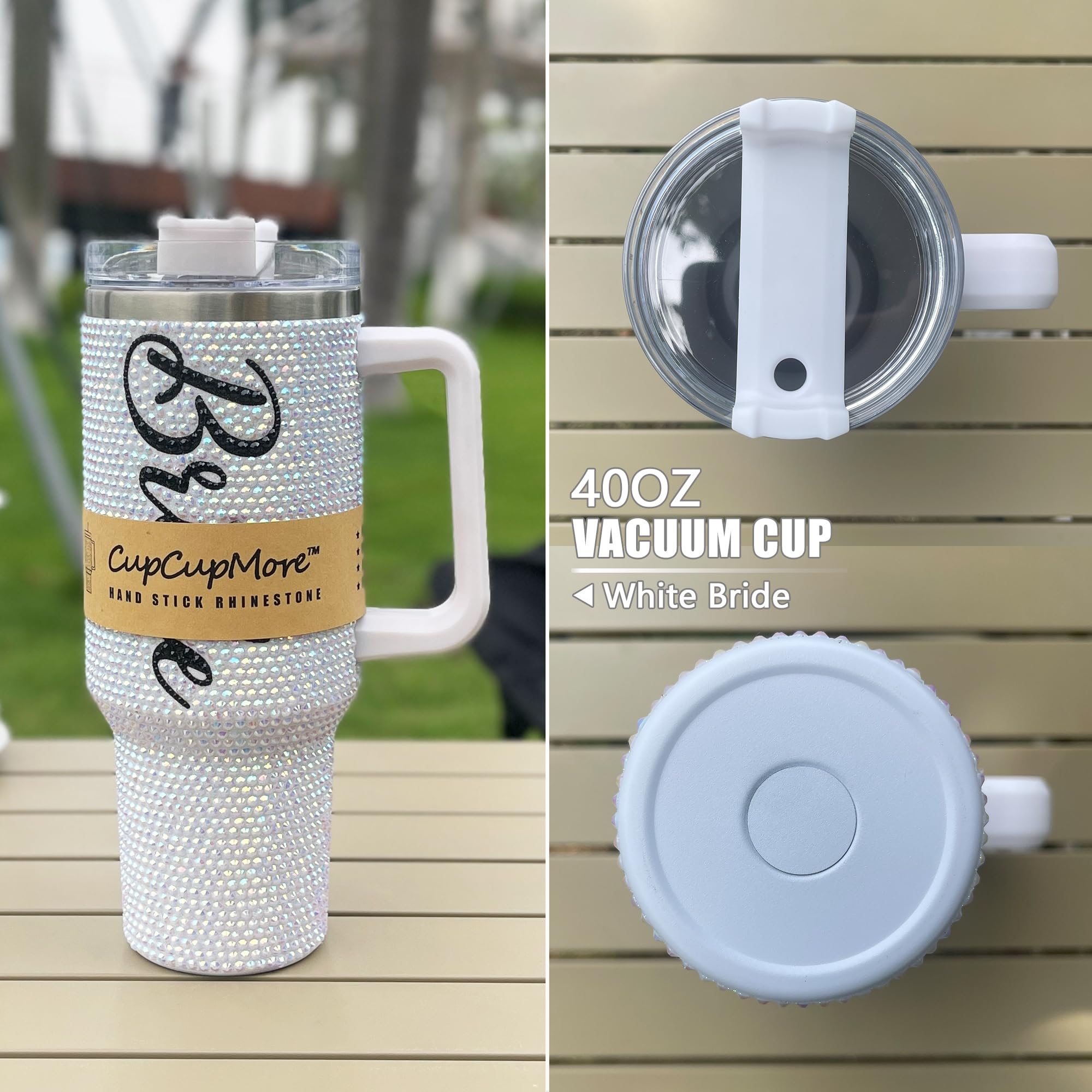 Cupcupmore 40oz Print Bling Rhinestone Stainless Steel Sippy Tumbler Glitter Vacuum Insulated Water Bottle with Straw & Lid &Handle,Thermos for Hot & Cold Drinks,Car Cup Holder (Bride White, 40 oz)