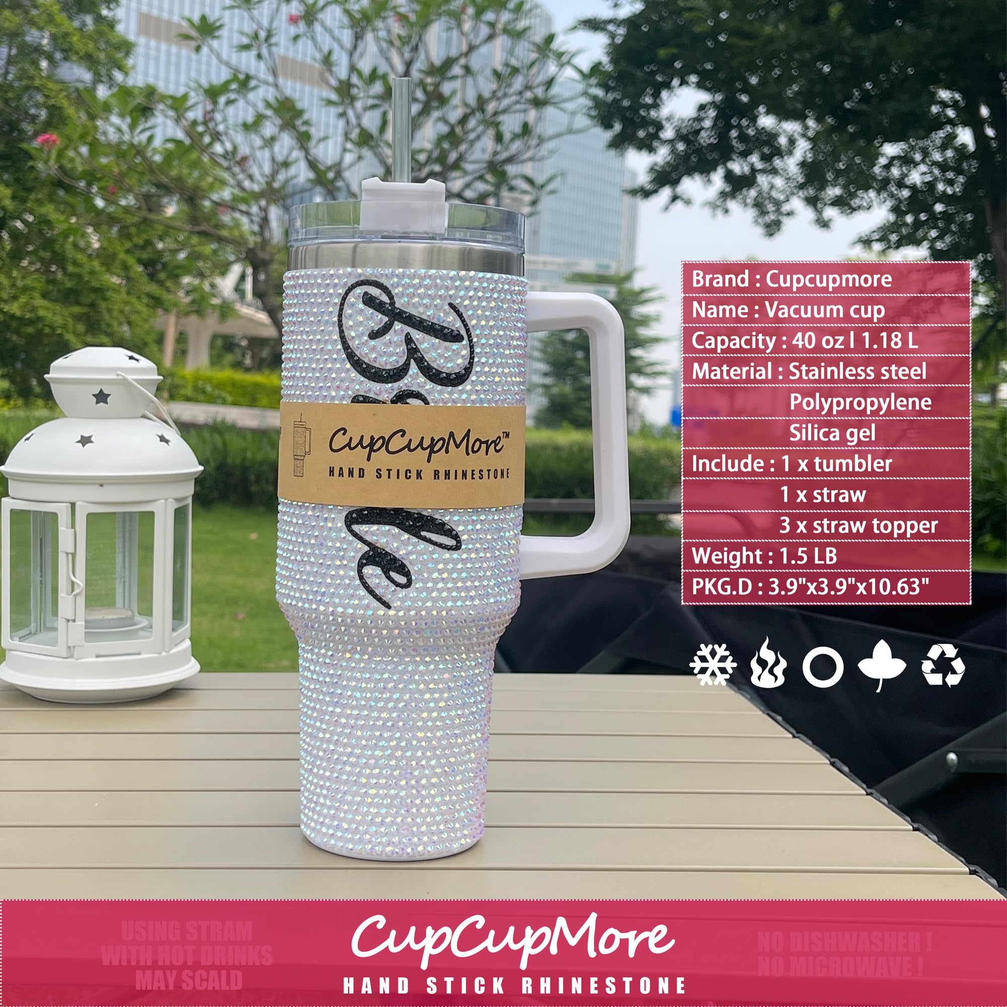 Cupcupmore 40oz Print Bling Rhinestone Stainless Steel Sippy Tumbler Glitter Vacuum Insulated Water Bottle with Straw & Lid &Handle,Thermos for Hot & Cold Drinks,Car Cup Holder (Bride White, 40 oz)
