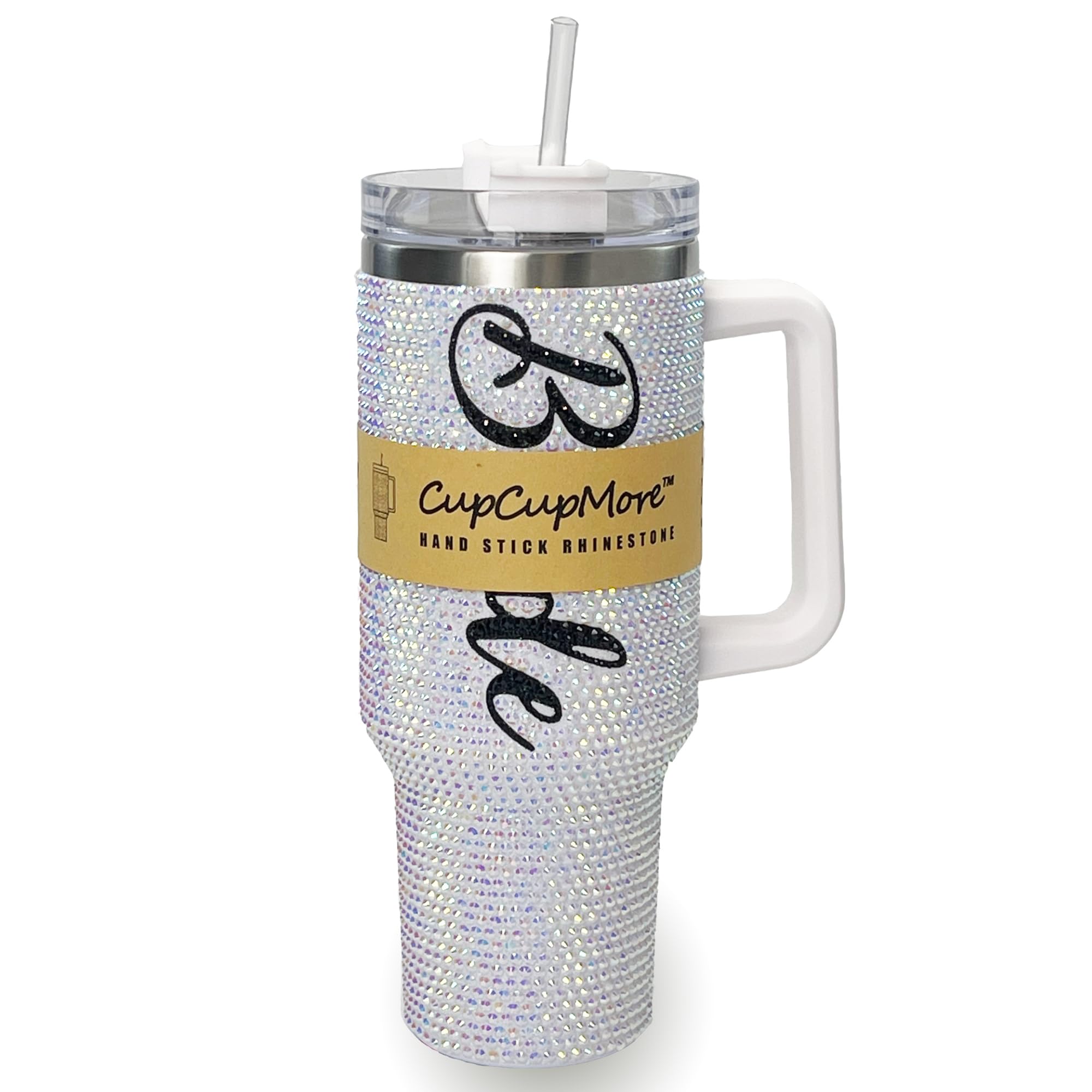 Cupcupmore 40oz Print Bling Rhinestone Stainless Steel Sippy Tumbler Glitter Vacuum Insulated Water Bottle with Straw & Lid &Handle,Thermos for Hot & Cold Drinks,Car Cup Holder (Bride White, 40 oz)
