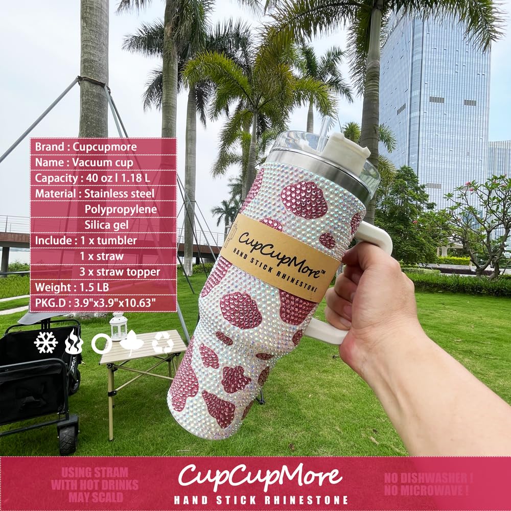 Cupcupmore 40oz Pink Cow Bling Rhinestone Stainless Steel Sippy Tumbler Glitter Vacuum Insulated Water Bottle with Straw & Lid & Handle,Thermos for Hot & Cold Drinks,Car Cup Holder,Coffee