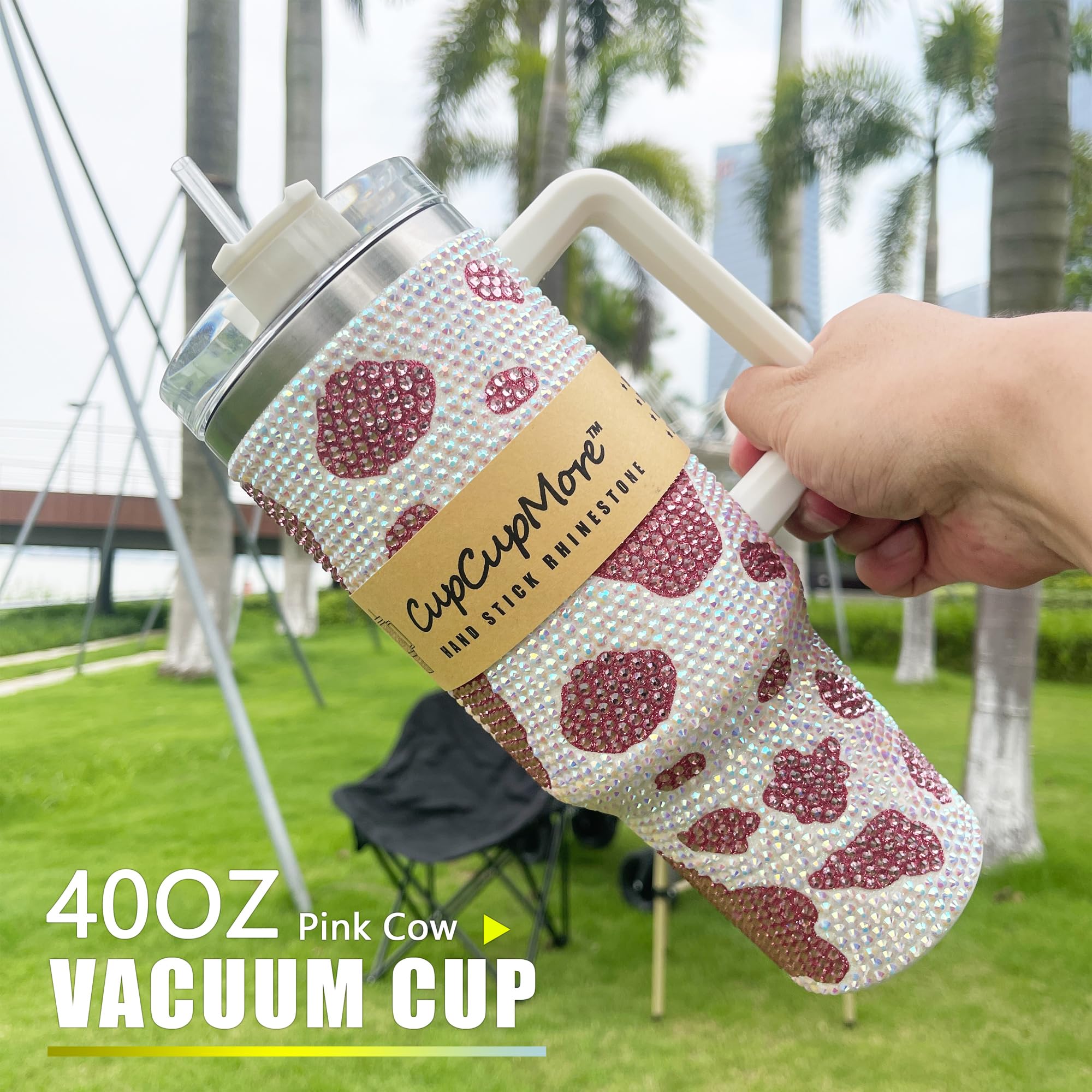Cupcupmore 40oz Pink Cow Bling Rhinestone Stainless Steel Sippy Tumbler Glitter Vacuum Insulated Water Bottle with Straw & Lid & Handle,Thermos for Hot & Cold Drinks,Car Cup Holder,Coffee
