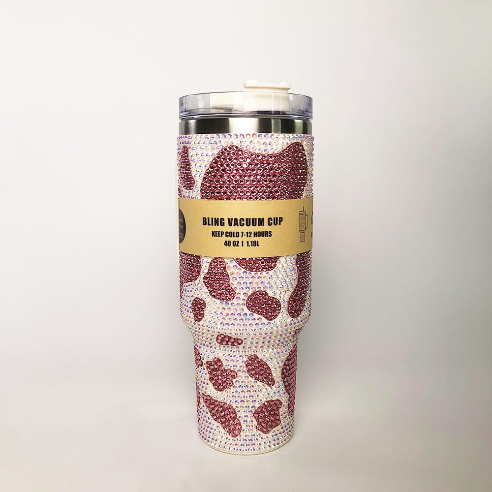 Cupcupmore 40oz Pink Cow Bling Rhinestone Stainless Steel Sippy Tumbler Glitter Vacuum Insulated Water Bottle with Straw & Lid & Handle,Thermos for Hot & Cold Drinks,Car Cup Holder,Coffee