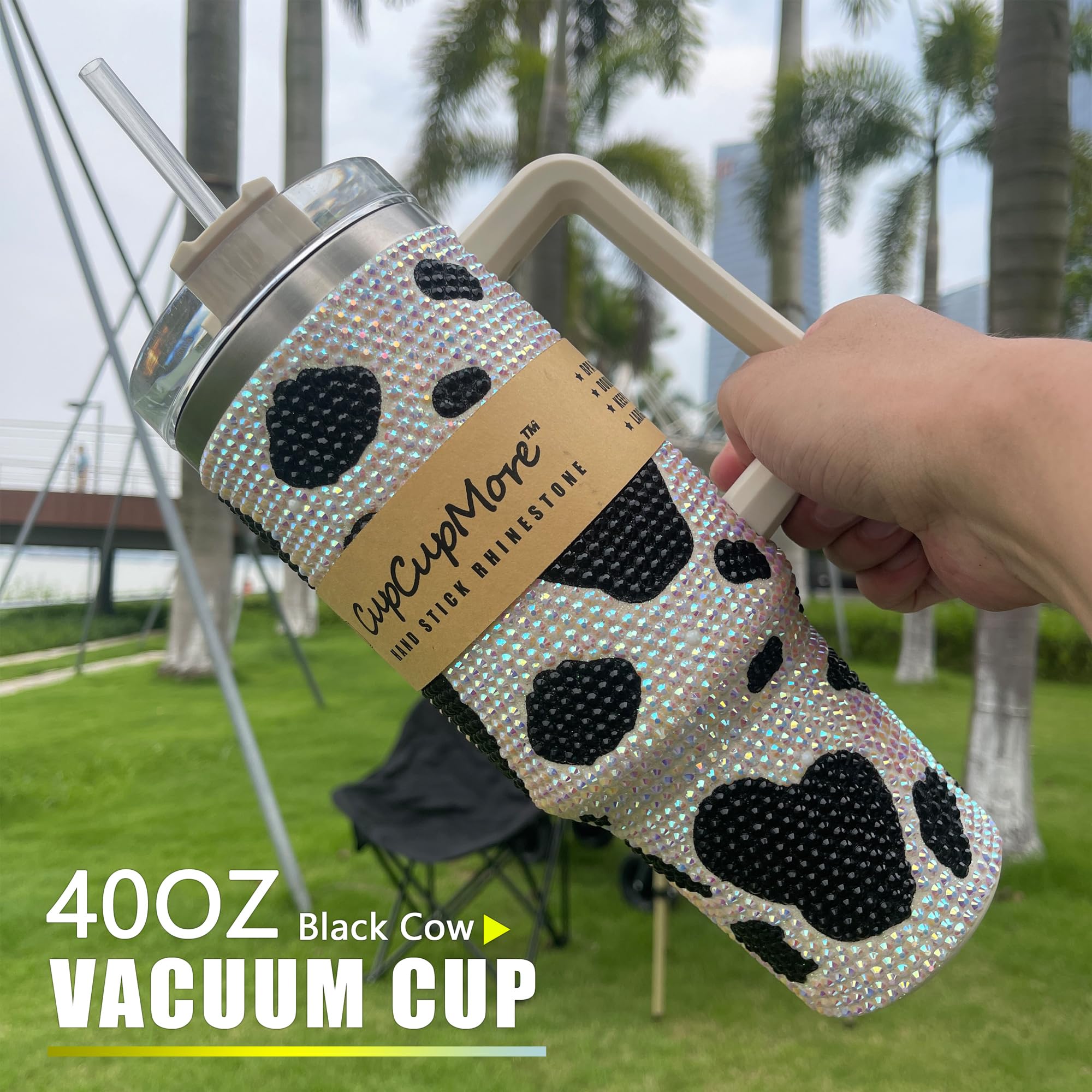 Cupcupmore 40oz Black Cow Bling Rhinestone Stainless Steel Sippy Tumbler Glitter Vacuum Insulated Water Bottle with Straw & Lid & Handle,Thermos for Hot & Cold Drinks,Car Cup Holder,Coffee