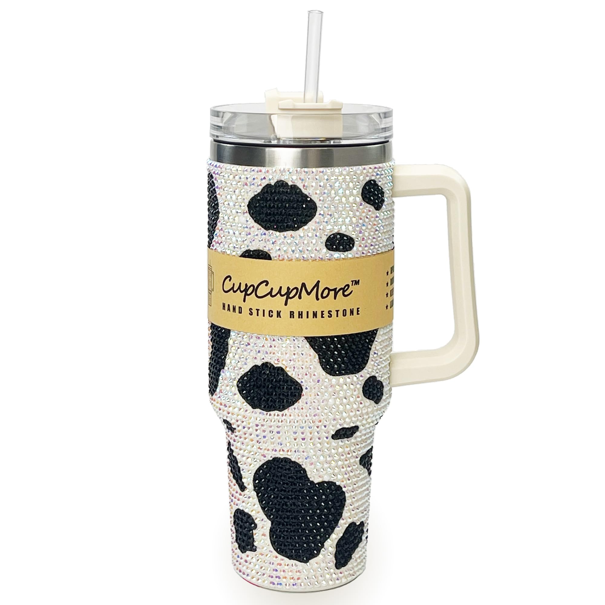 Cupcupmore 40oz Black Cow Bling Rhinestone Stainless Steel Sippy Tumbler Glitter Vacuum Insulated Water Bottle with Straw & Lid & Handle,Thermos for Hot & Cold Drinks,Car Cup Holder,Coffee