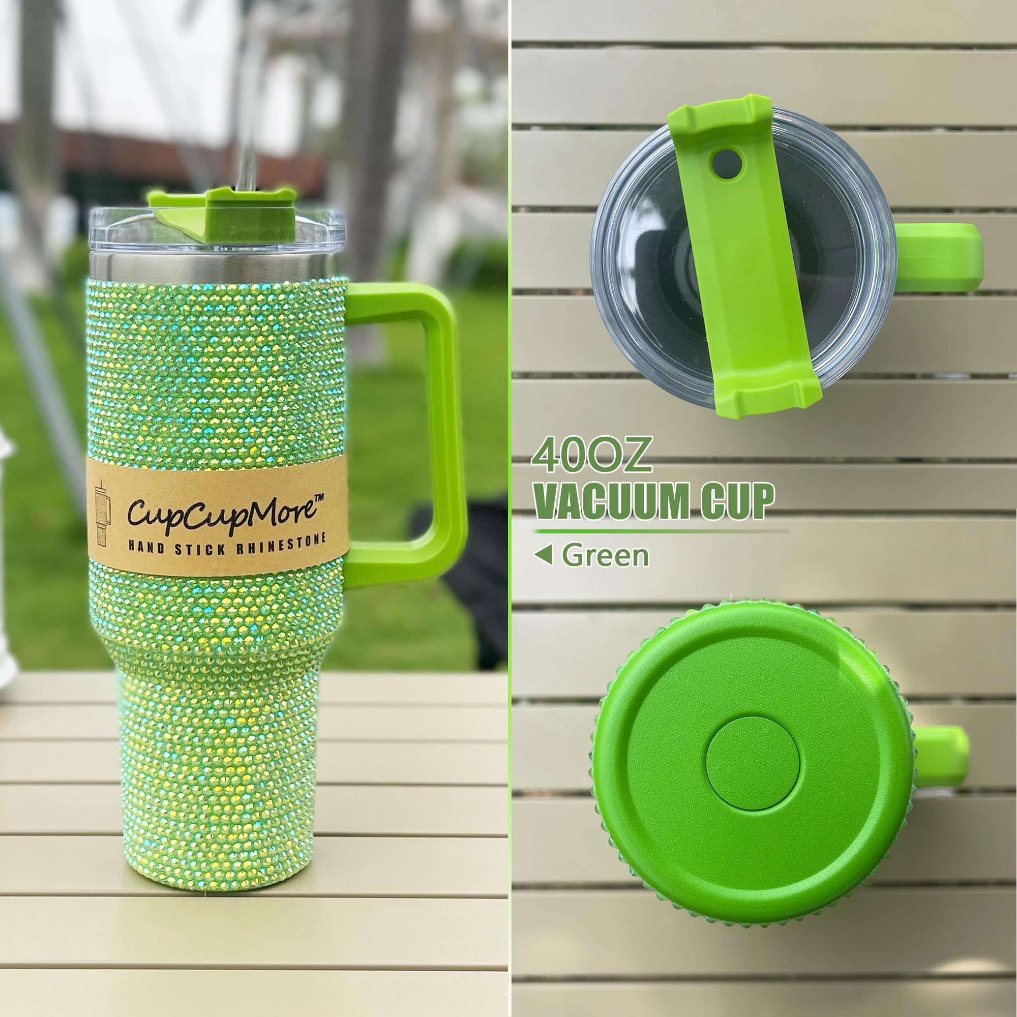 Cupcupmore 40oz Green Bling Rhinestone Stainless Steel Sippy Tumbler Glitter Vacuum Insulated Water Bottle with Straw & Lid &Handle,Thermos for Hot & Cold Drinks,Car Cup Holder,Coffee