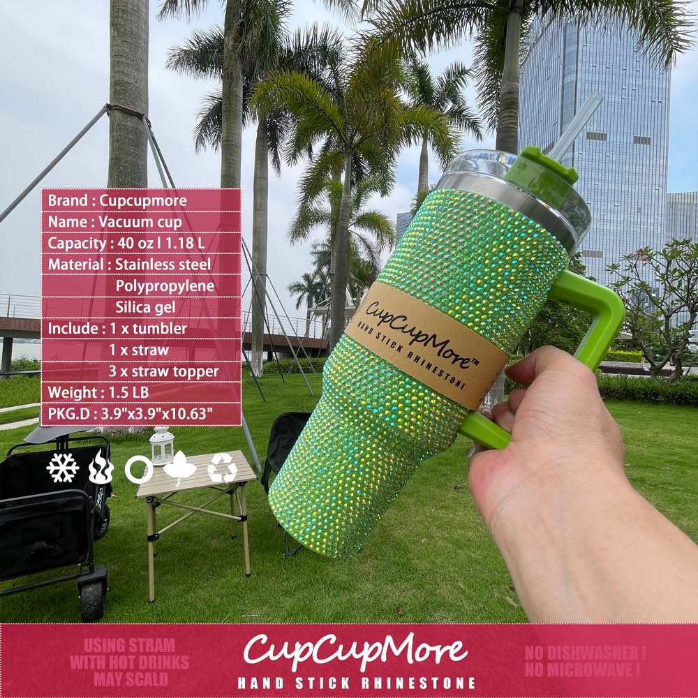Cupcupmore 40oz Green Bling Rhinestone Stainless Steel Sippy Tumbler Glitter Vacuum Insulated Water Bottle with Straw & Lid &Handle,Thermos for Hot & Cold Drinks,Car Cup Holder,Coffee