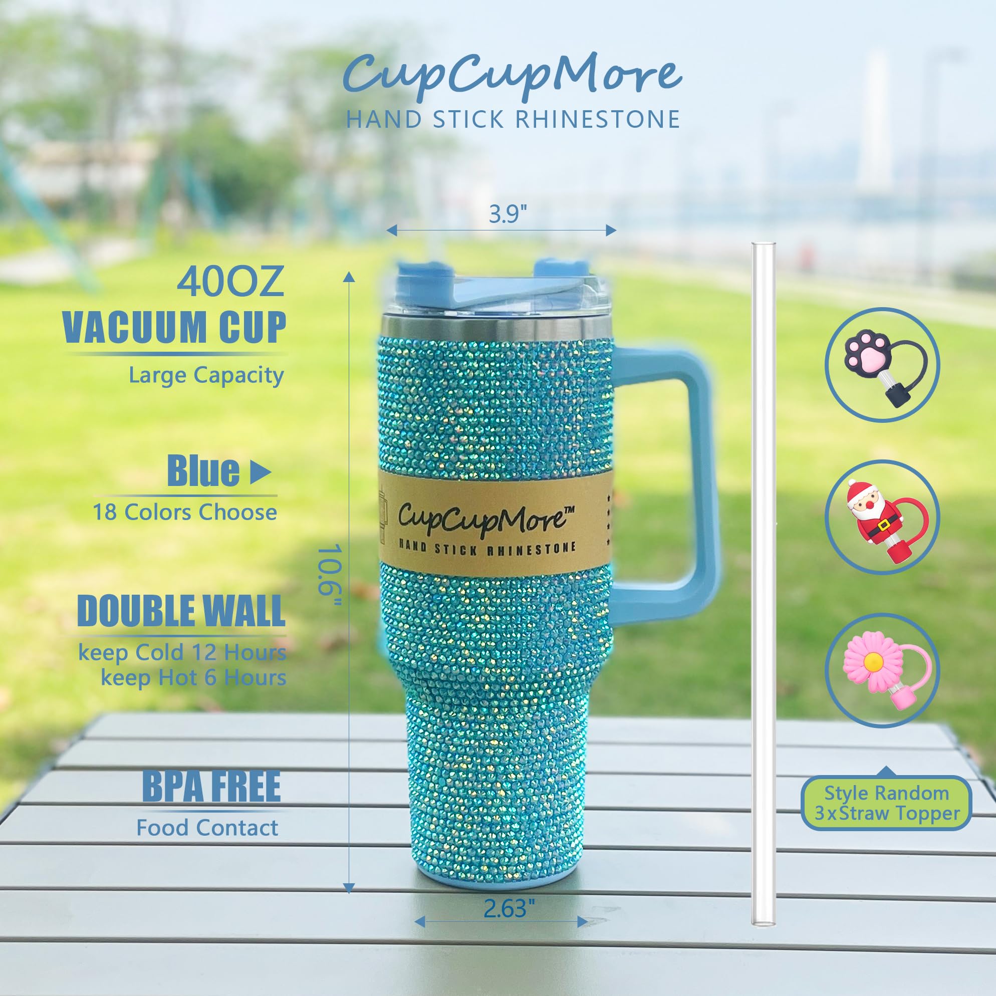 Cupcupmore 40oz Blue Bling Rhinestone Stainless Steel Sippy Tumbler Glitter Vacuum Insulated Water Bottle with Straw & Lid &Handle,Thermos for Hot & Cold Drinks,Car Cup Holder,Coffee