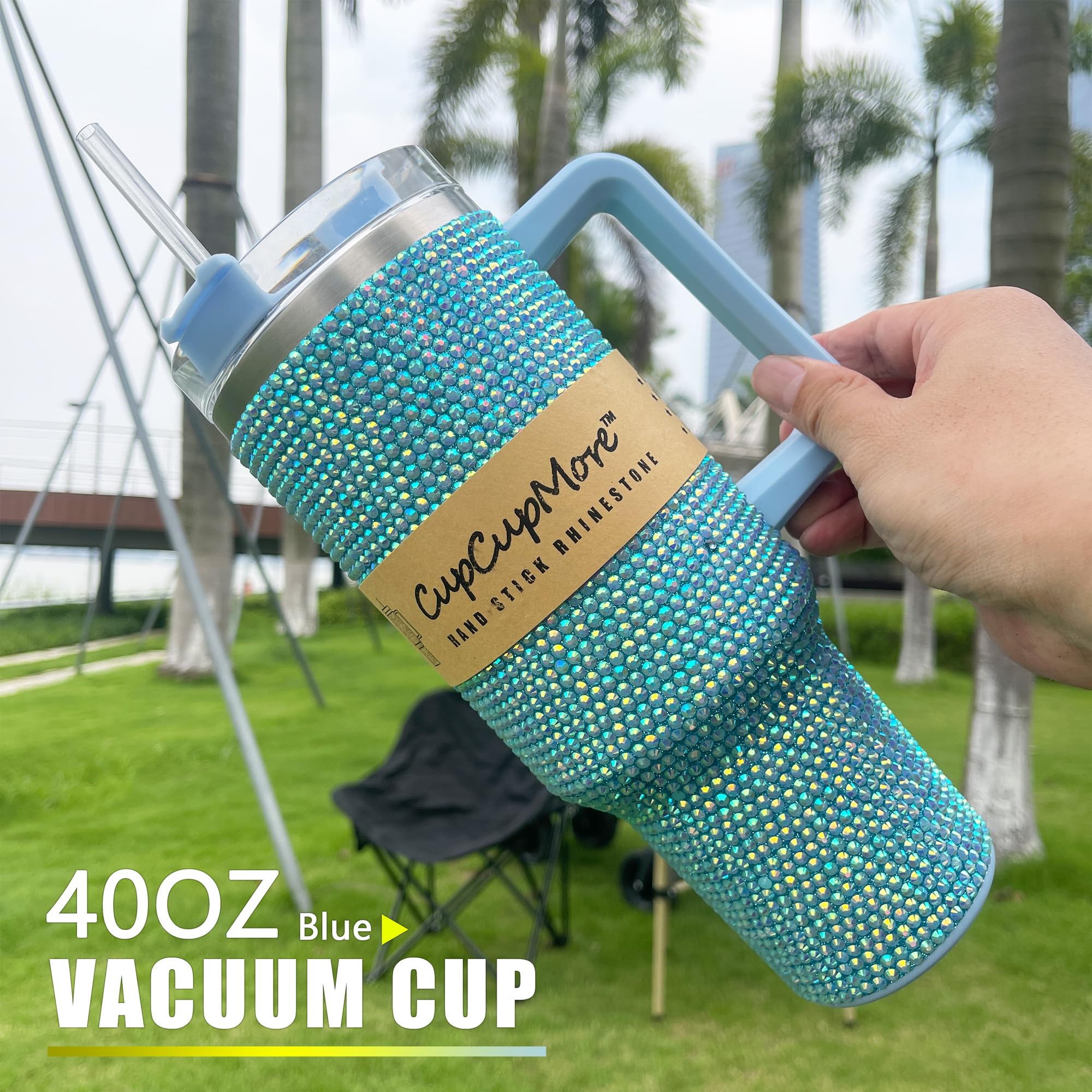 Cupcupmore 40oz Blue Bling Rhinestone Stainless Steel Sippy Tumbler Glitter Vacuum Insulated Water Bottle with Straw & Lid &Handle,Thermos for Hot & Cold Drinks,Car Cup Holder,Coffee