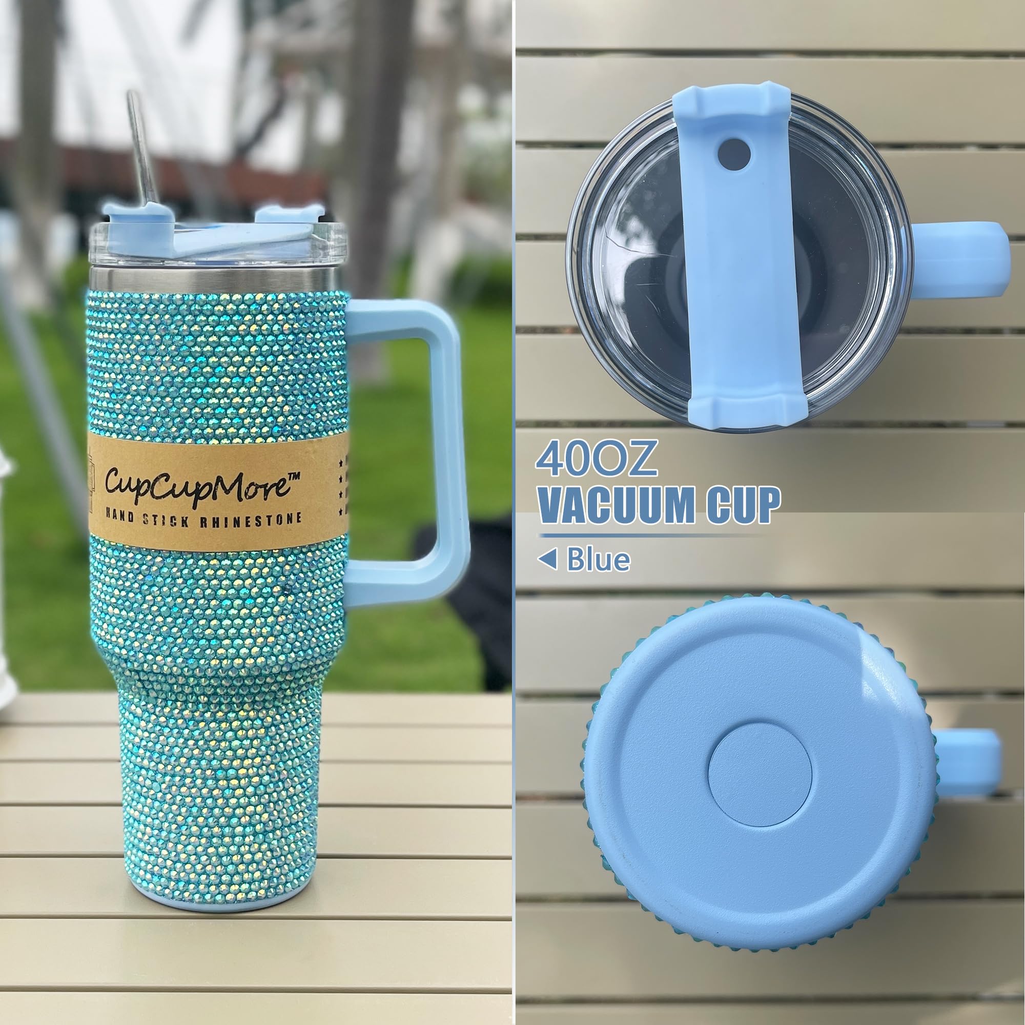 Cupcupmore 40oz Blue Bling Rhinestone Stainless Steel Sippy Tumbler Glitter Vacuum Insulated Water Bottle with Straw & Lid &Handle,Thermos for Hot & Cold Drinks,Car Cup Holder,Coffee