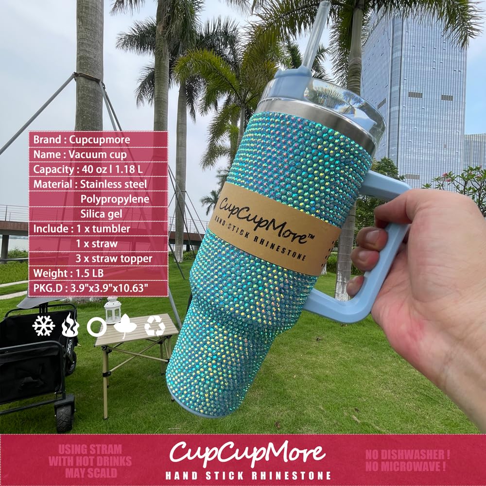 Cupcupmore 40oz Blue Bling Rhinestone Stainless Steel Sippy Tumbler Glitter Vacuum Insulated Water Bottle with Straw & Lid &Handle,Thermos for Hot & Cold Drinks,Car Cup Holder,Coffee