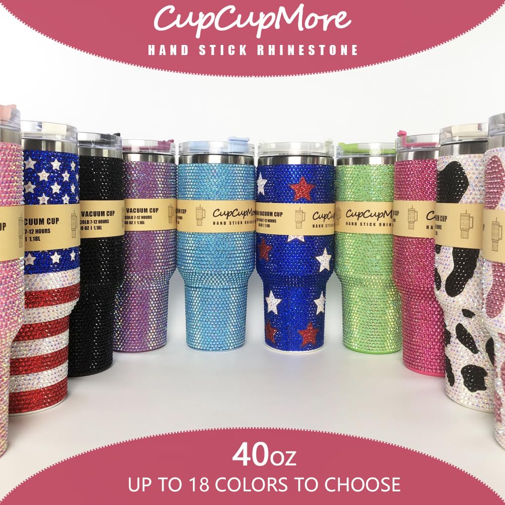 Cupcupmore 40oz Blue Bling Rhinestone Stainless Steel Sippy Tumbler Glitter Vacuum Insulated Water Bottle with Straw & Lid &Handle,Thermos for Hot & Cold Drinks,Car Cup Holder,Coffee