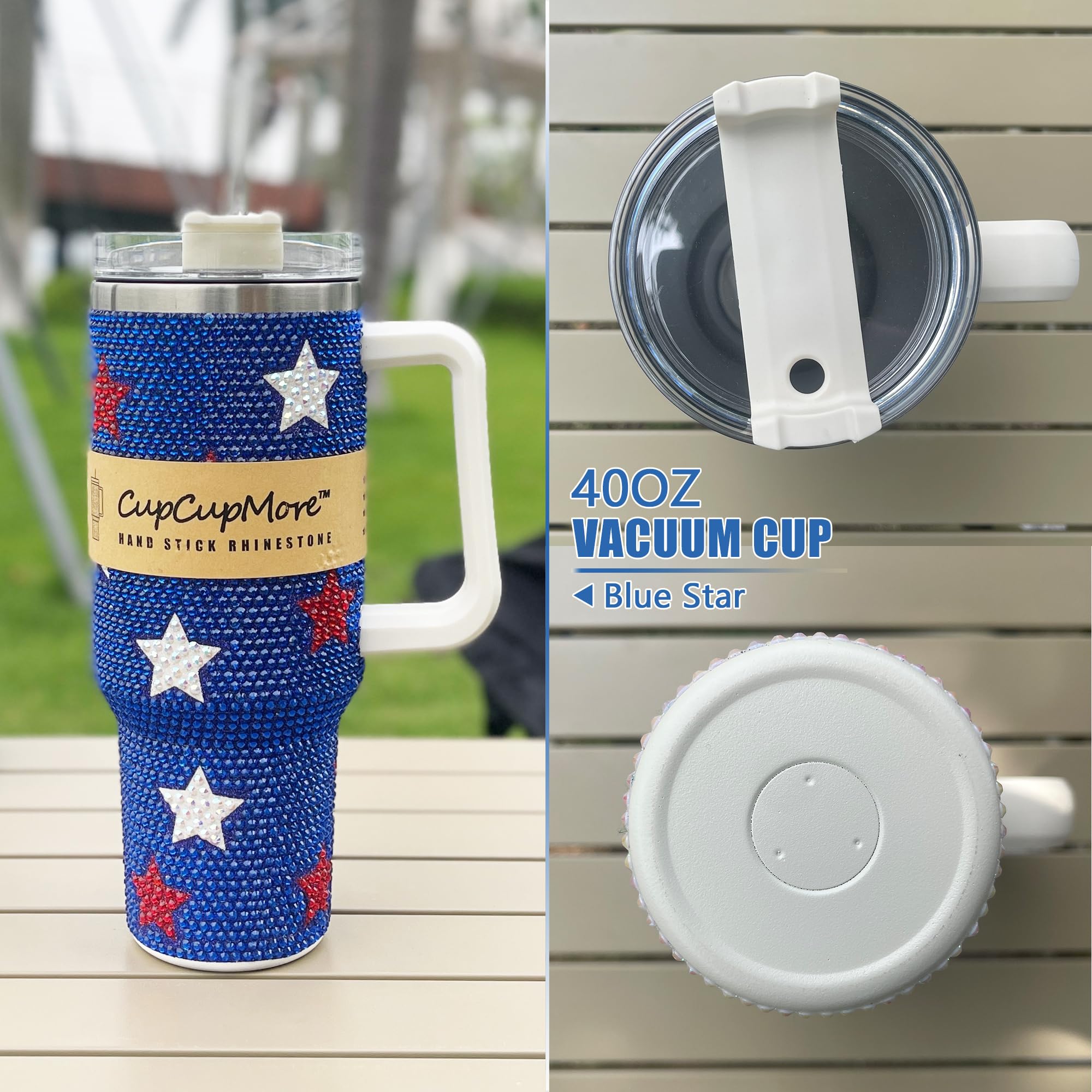 Cupcupmore 40oz Blue Star Bling Rhinestone Stainless Steel Sippy Tumbler Glitter Vacuum Insulated Water Bottle with Straw & Lid &Handle,Thermos for Hot & Cold Drinks,Car Cup Holder,Coffee