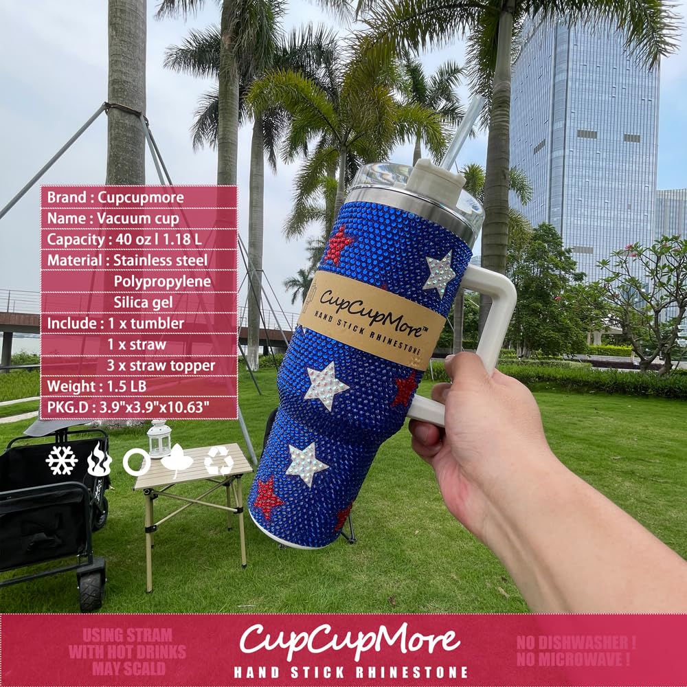 Cupcupmore 40oz Blue Star Bling Rhinestone Stainless Steel Sippy Tumbler Glitter Vacuum Insulated Water Bottle with Straw & Lid &Handle,Thermos for Hot & Cold Drinks,Car Cup Holder,Coffee