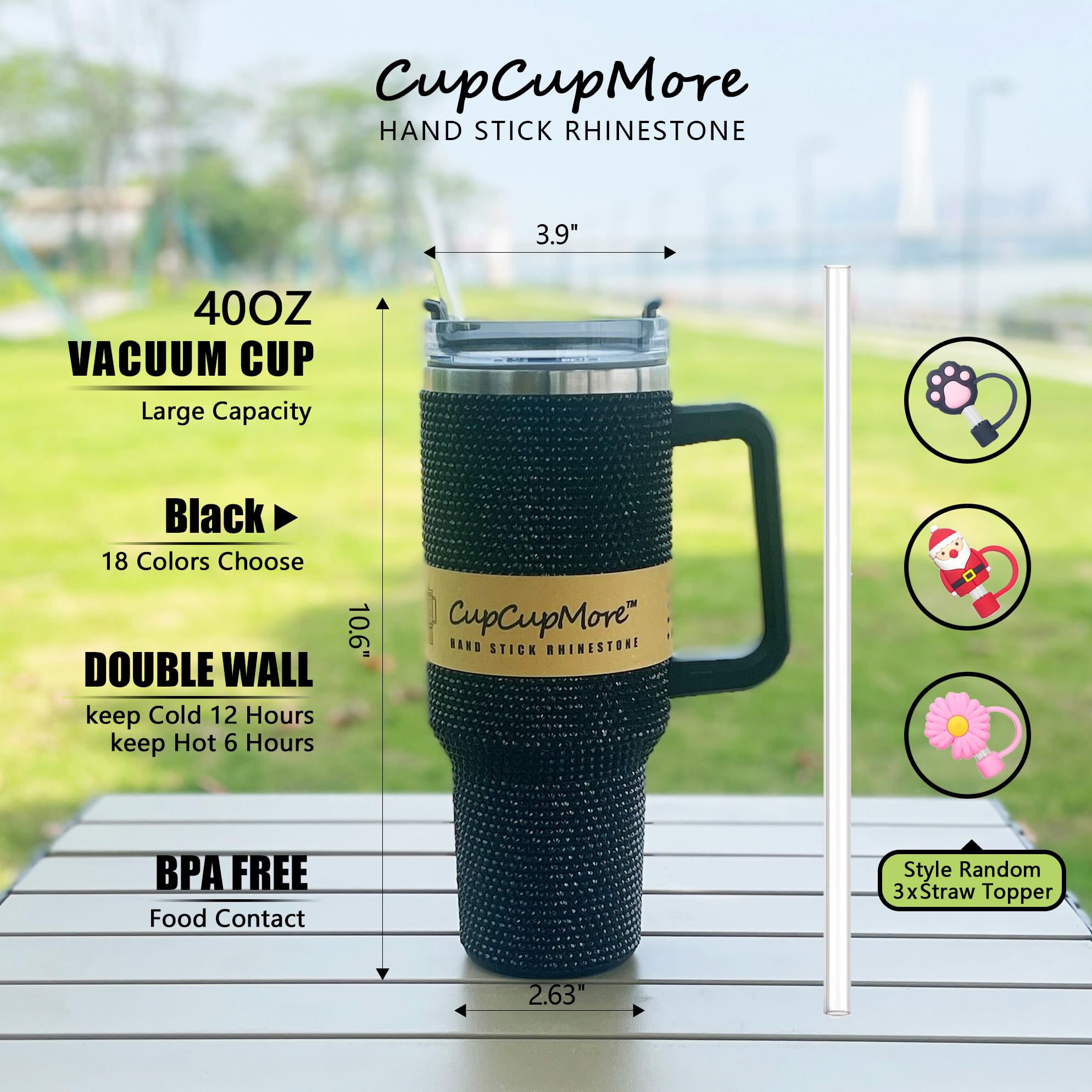 Cupcupmore 40oz Black Bling Rhinestone Stainless Steel Sippy Tumbler Glitter Vacuum Insulated Water Bottle with Straw & Lid &Handle,Thermos for Hot & Cold Drinks,Car Cup Holder,Coffee