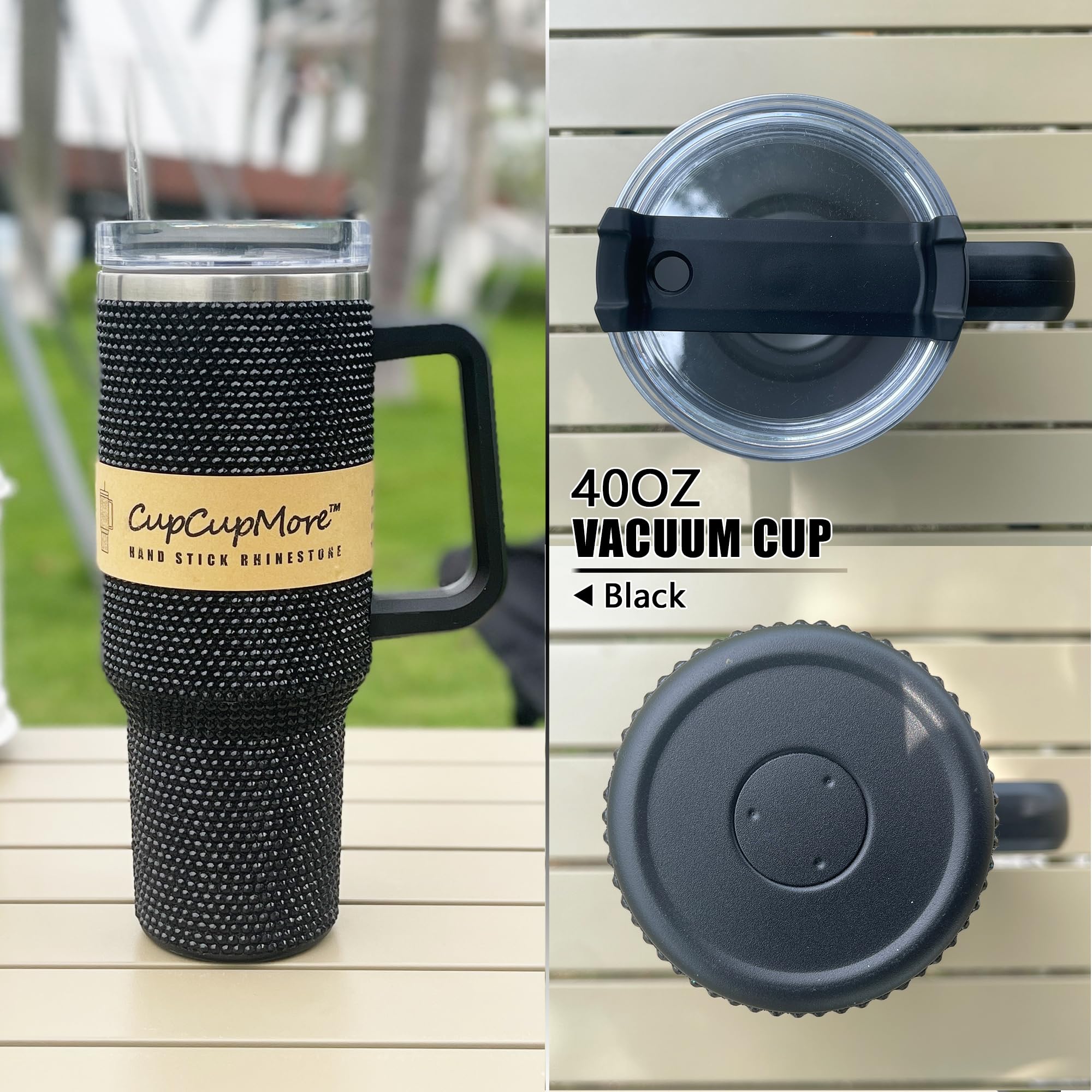 Cupcupmore 40oz Black Bling Rhinestone Stainless Steel Sippy Tumbler Glitter Vacuum Insulated Water Bottle with Straw & Lid &Handle,Thermos for Hot & Cold Drinks,Car Cup Holder,Coffee