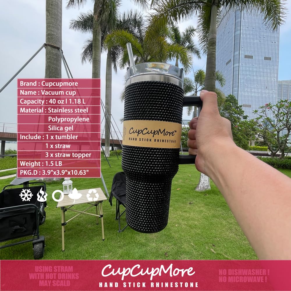 Cupcupmore 40oz Black Bling Rhinestone Stainless Steel Sippy Tumbler Glitter Vacuum Insulated Water Bottle with Straw & Lid &Handle,Thermos for Hot & Cold Drinks,Car Cup Holder,Coffee