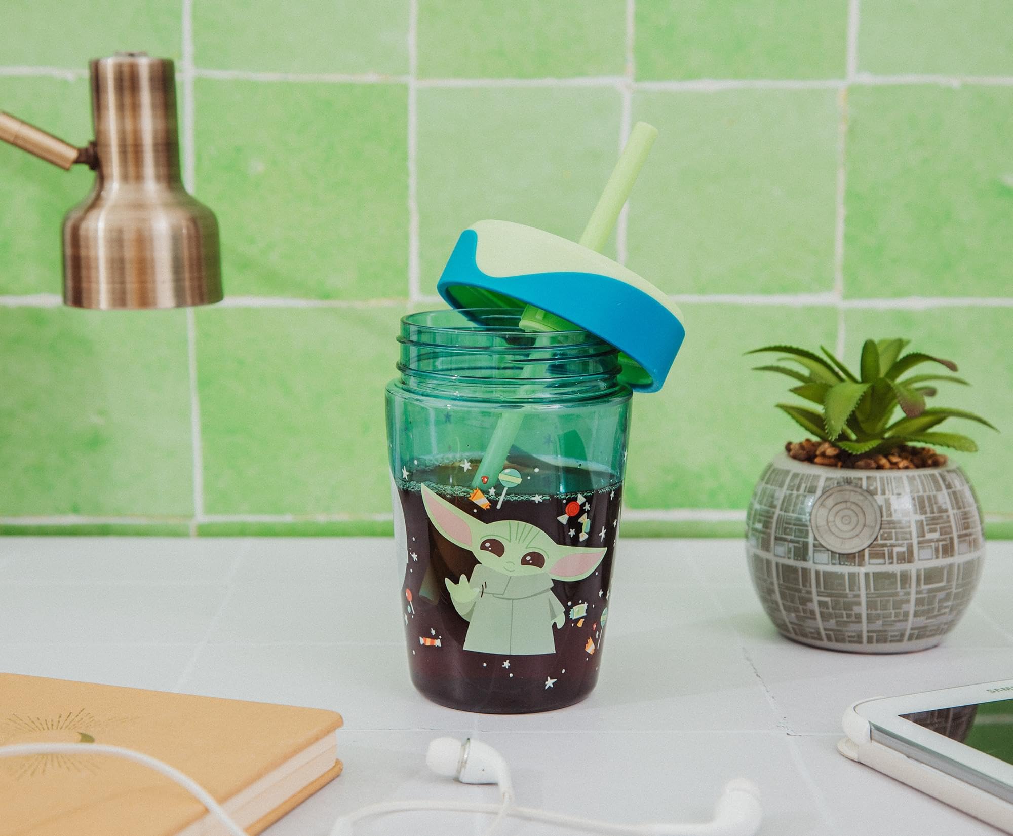Silver Buffalo Star Wars: The Mandalorian Grogu Kids Plastic Travel Tumbler With Spill-Resistant Lid and Reusable Straw | Holds 18 Ounces