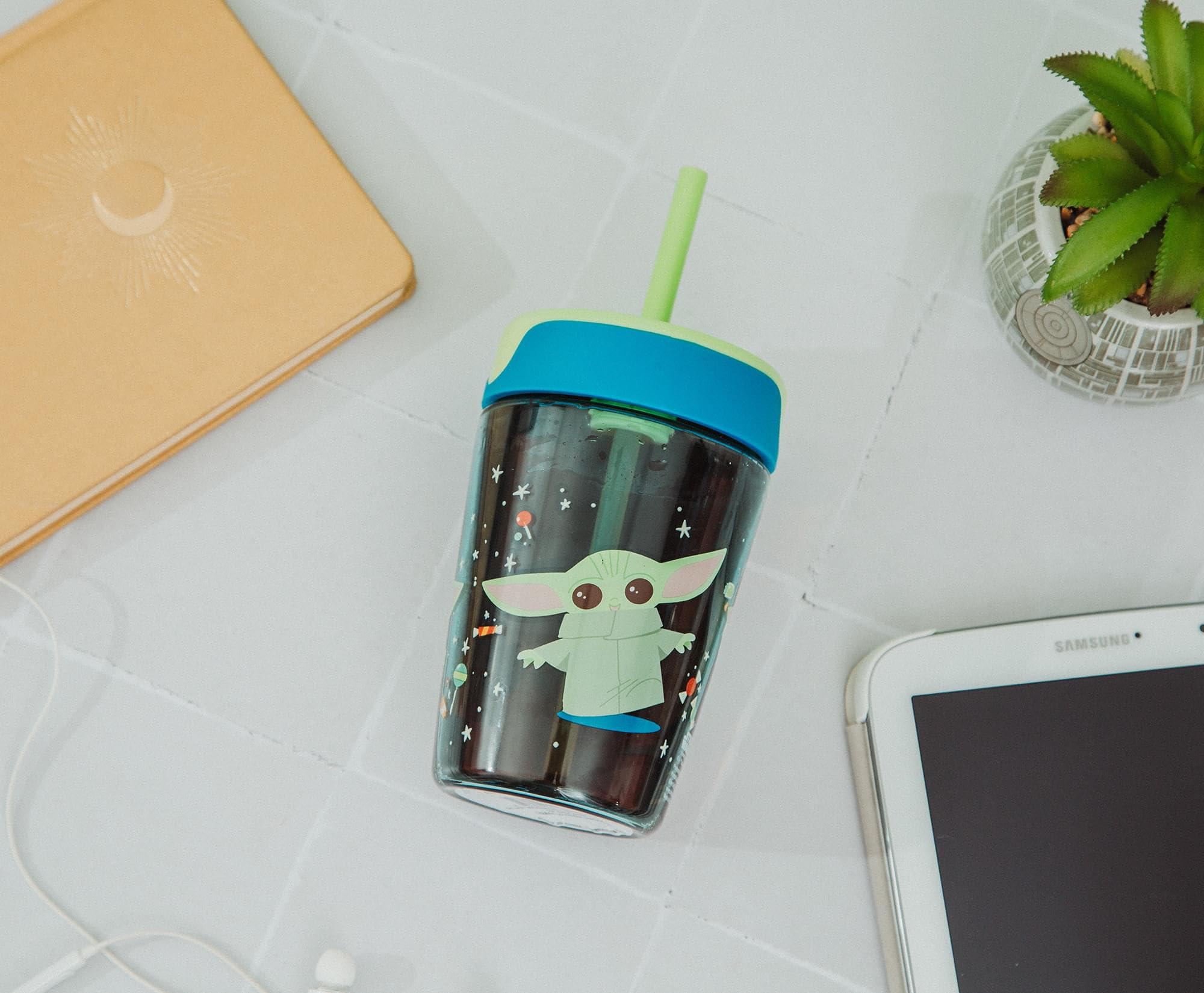 Silver Buffalo Star Wars: The Mandalorian Grogu Kids Plastic Travel Tumbler With Spill-Resistant Lid and Reusable Straw | Holds 18 Ounces