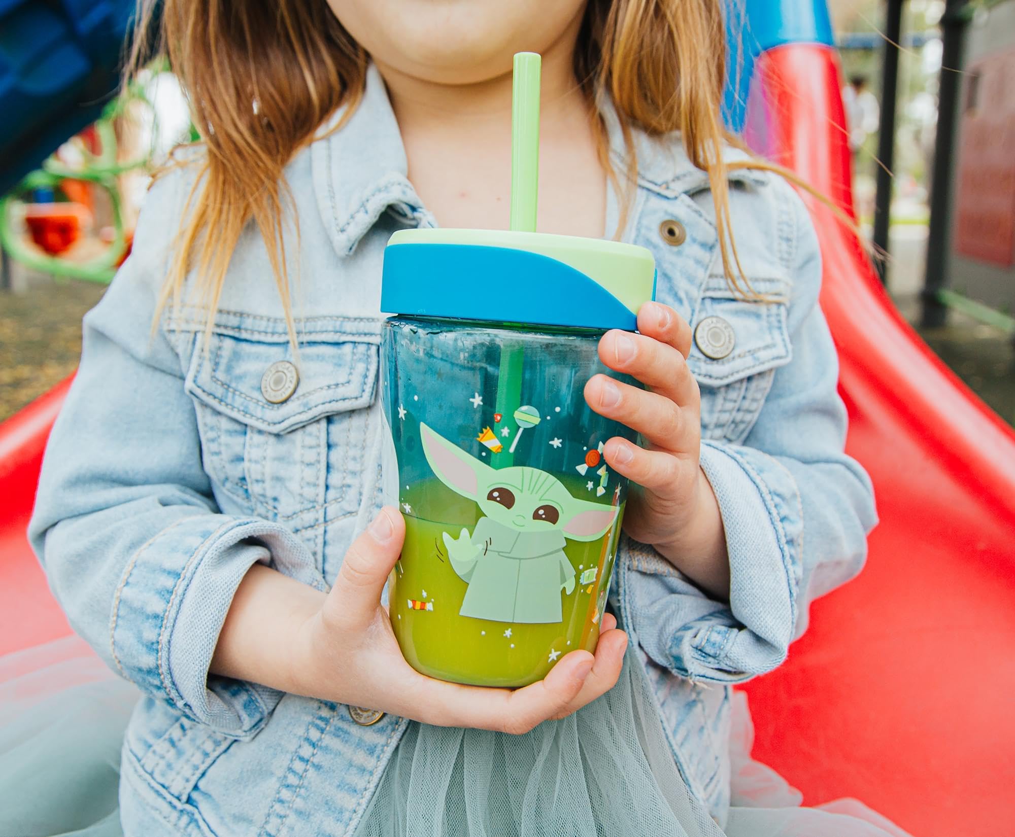 Silver Buffalo Star Wars: The Mandalorian Grogu Kids Plastic Travel Tumbler With Spill-Resistant Lid and Reusable Straw | Holds 18 Ounces