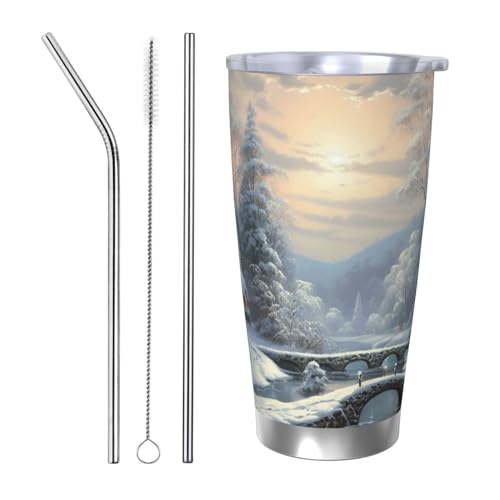 GFLFMXZW Winter Snow Scene Print Tumbler 20oz Stainless Steel Tumbler with Lid and Straw Insulated Tumblers Double Wall Vacuum Water Bottle Travel Coffee Mug Gifts for Women Men