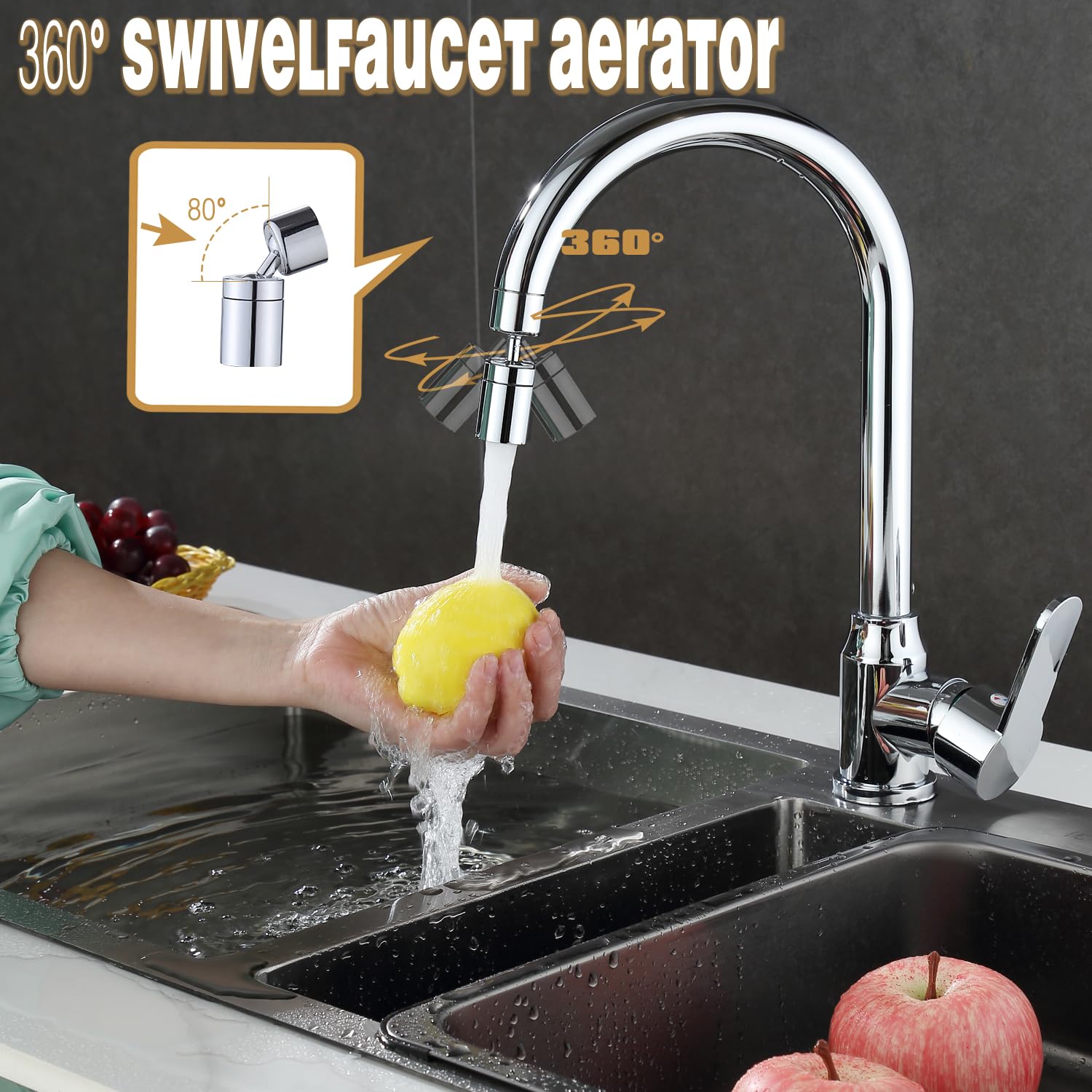 SNUTUYA Brass Swivel Faucet Aerator, Dual-function Sink Aerator ,Extra Big large Angle Rotary Faucet Aerator, 360 Degree Swivel Faucet Extender for Kitchen 55/64 inch Female Thread,Splash-Proof