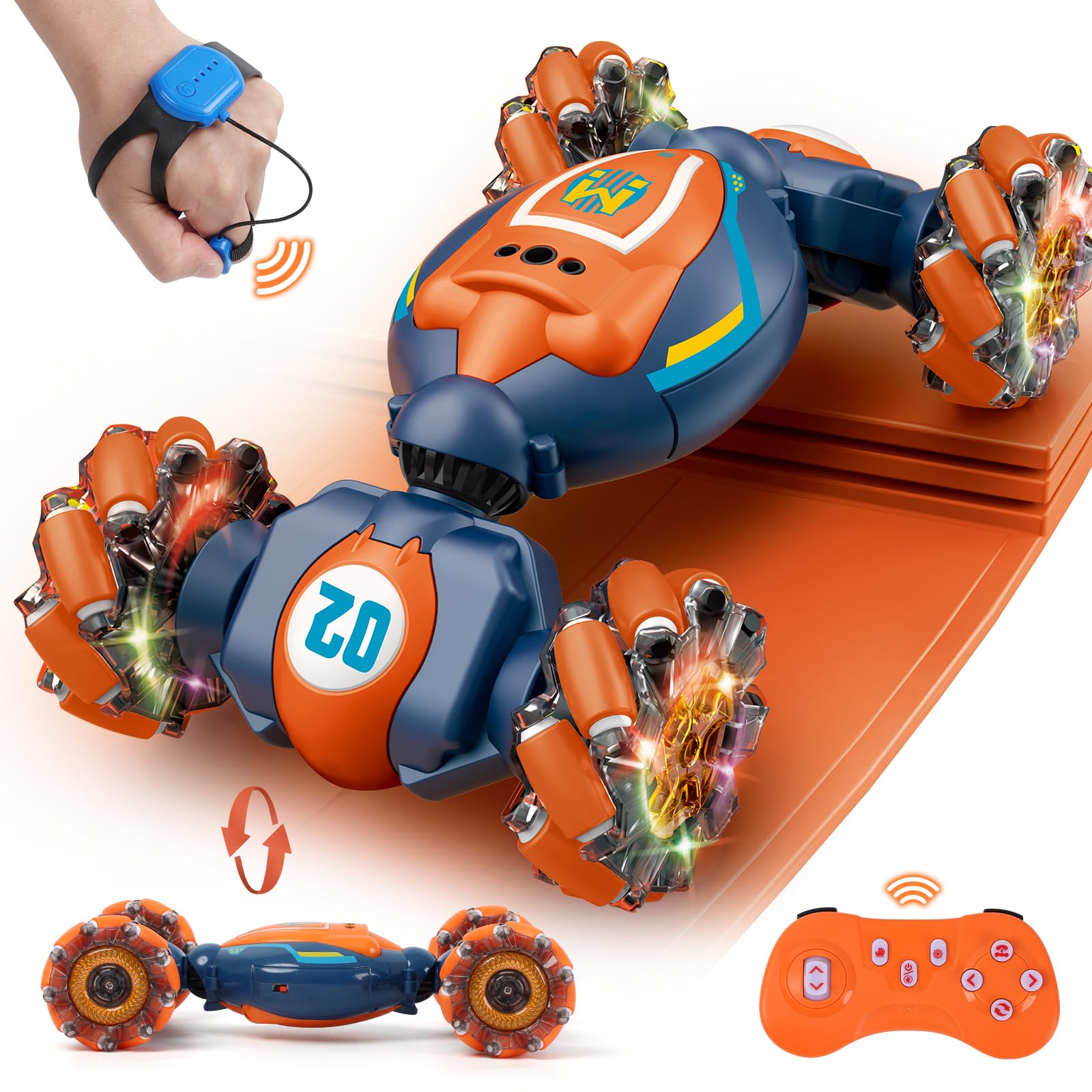 QXHOL Gesture Sensing RC Stunt Car - Boys Toys Age 6-8-12, 4WD Hand Controlled Remote Control Twist Car with Light & Music, Cool Birthday Presents and Ideas Gifts for Kids Age 7 9 10 11 12 Years Old