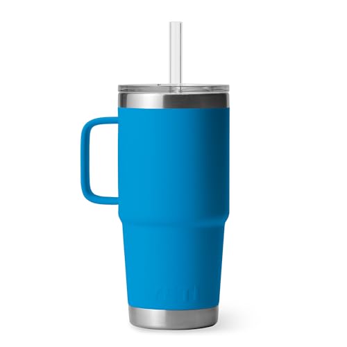 YETI Rambler 25 oz Tumbler with Handle and Straw Lid, Travel Mug Water Tumbler, Vacuum Insulated Cup with Handle, Stainless Steel, Big Wave Blue