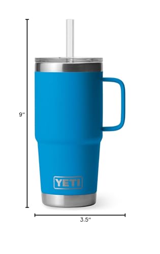 YETI Rambler 25 oz Tumbler with Handle and Straw Lid, Travel Mug Water Tumbler, Vacuum Insulated Cup with Handle, Stainless Steel, Big Wave Blue