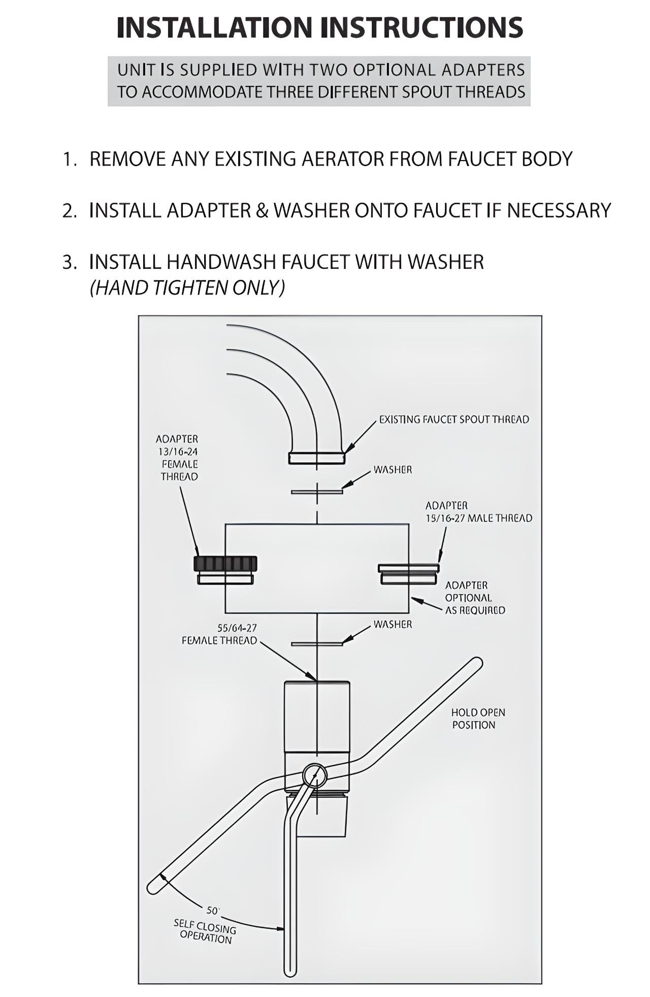 Hands-Free Faucet Hand Wash Adapter | Universal Push Faucet Adapter with 3 Thread Adapters for All Kitchen, Bathroom, and Commercial Kitchen Sinks