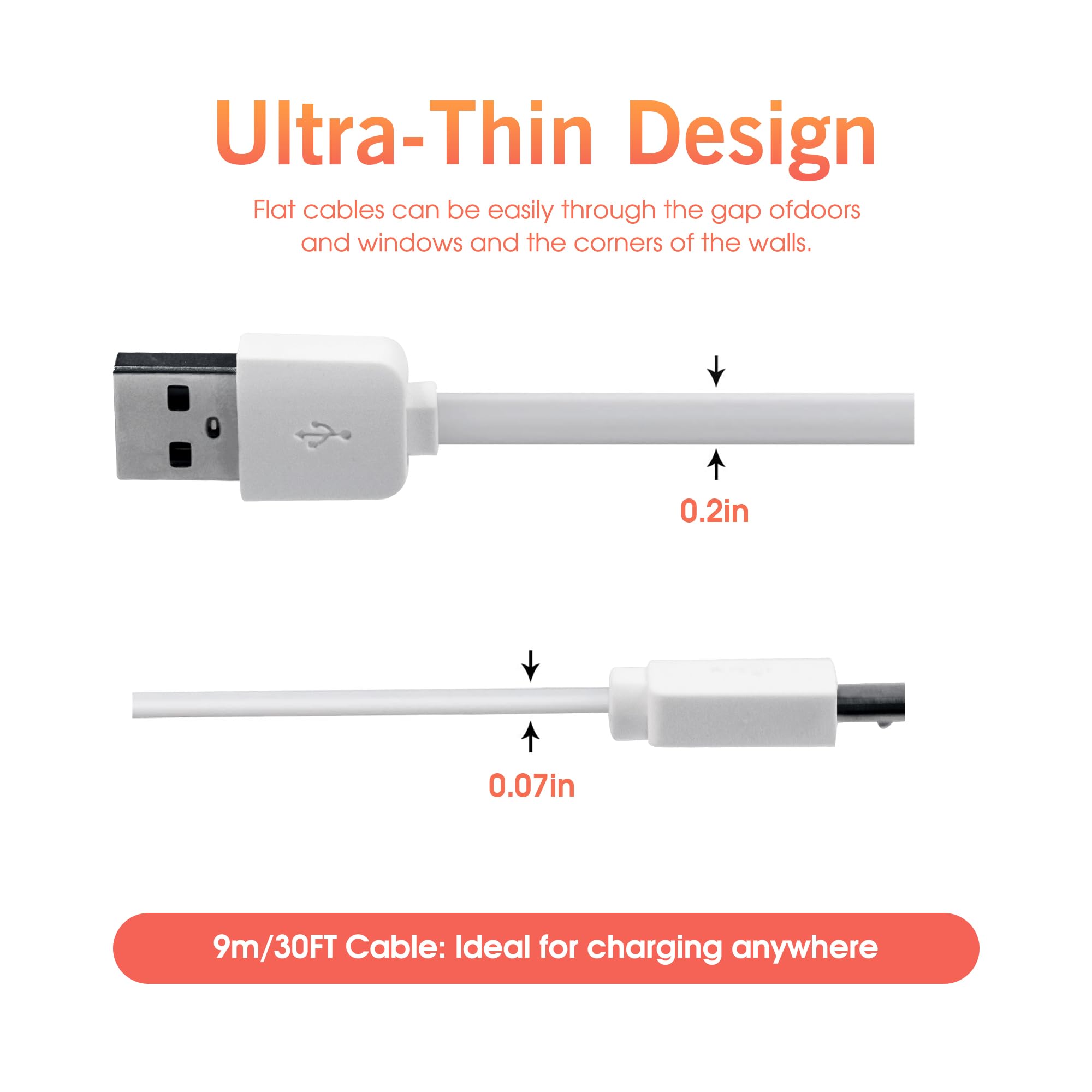 30FT Flat Power Extension Cable for Wyze Cam v4/v3/OG/v3 Pro, Blink Mini, Kasa Indoor, Blink Mini Pan, SimpliSafe, 9m Long Micro USB Charging Cord with 5V 2A Adapter(Not for Wyze Pan v3)