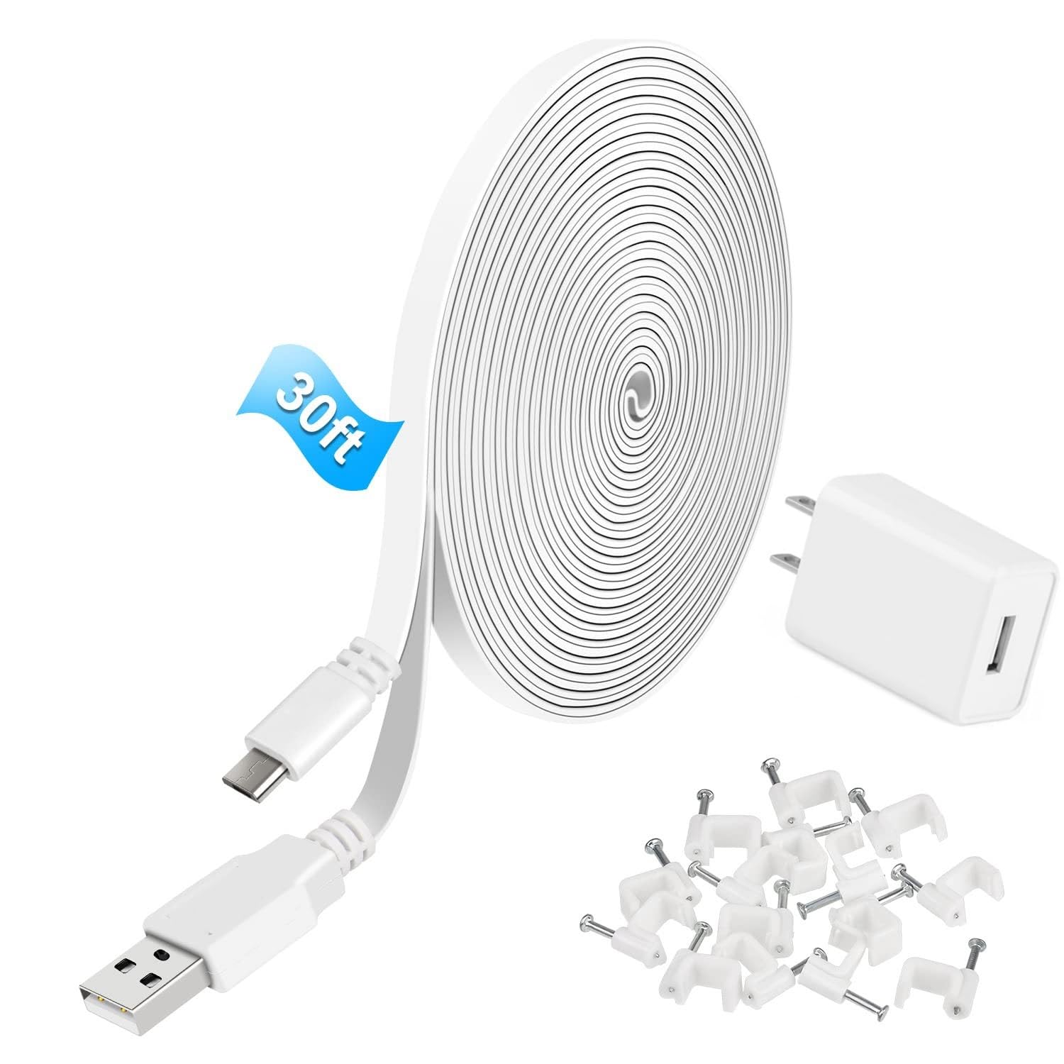 30FT Flat Power Extension Cable for Wyze Cam v4/v3/OG/v3 Pro, Blink Mini, Kasa Indoor, Blink Mini Pan, SimpliSafe, 9m Long Micro USB Charging Cord with 5V 2A Adapter(Not for Wyze Pan v3)