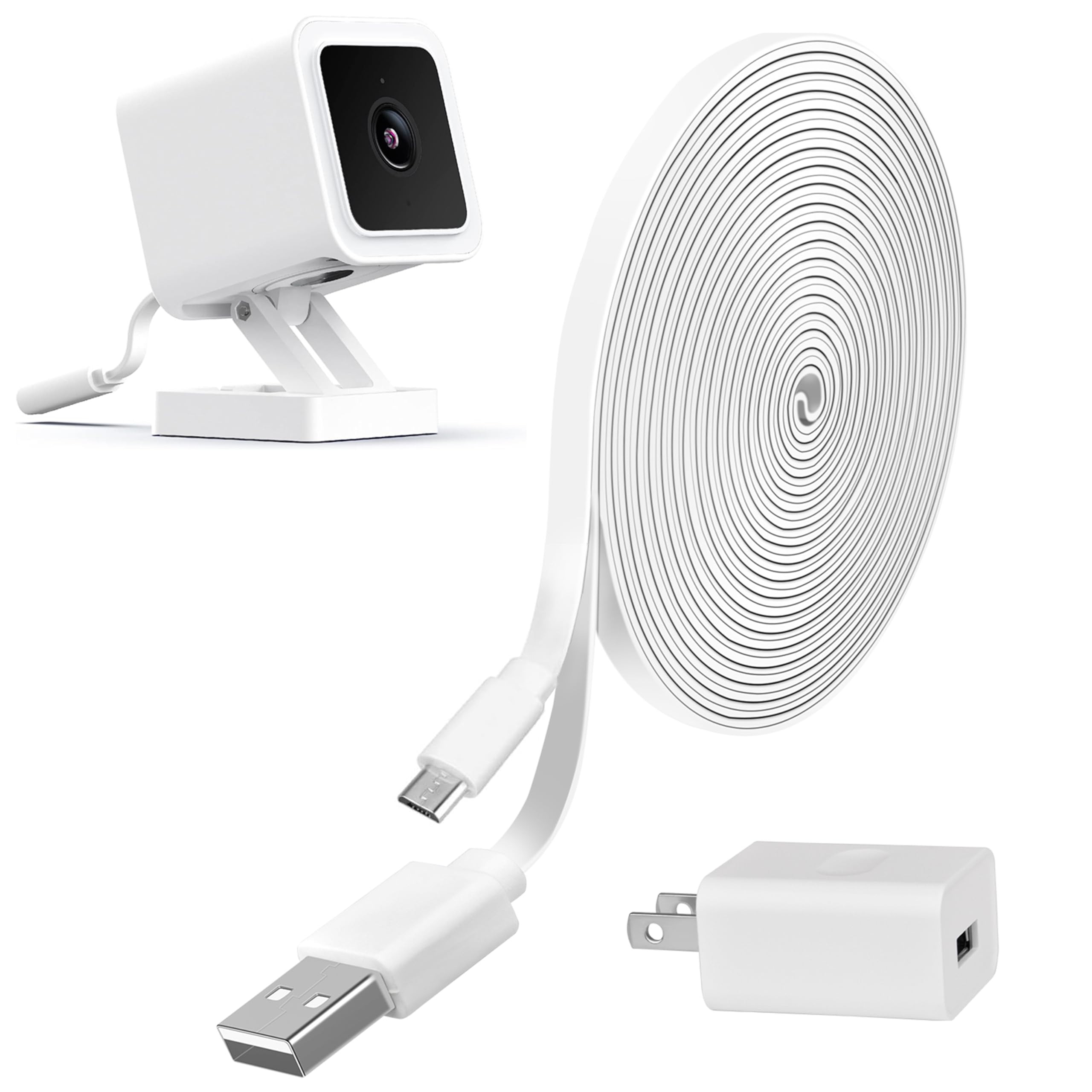 30FT Flat Power Extension Cable for Wyze Cam v4/v3/OG/v3 Pro, Blink Mini, Kasa Indoor, Blink Mini Pan, SimpliSafe, 9m Long Micro USB Charging Cord with 5V 2A Adapter(Not for Wyze Pan v3)