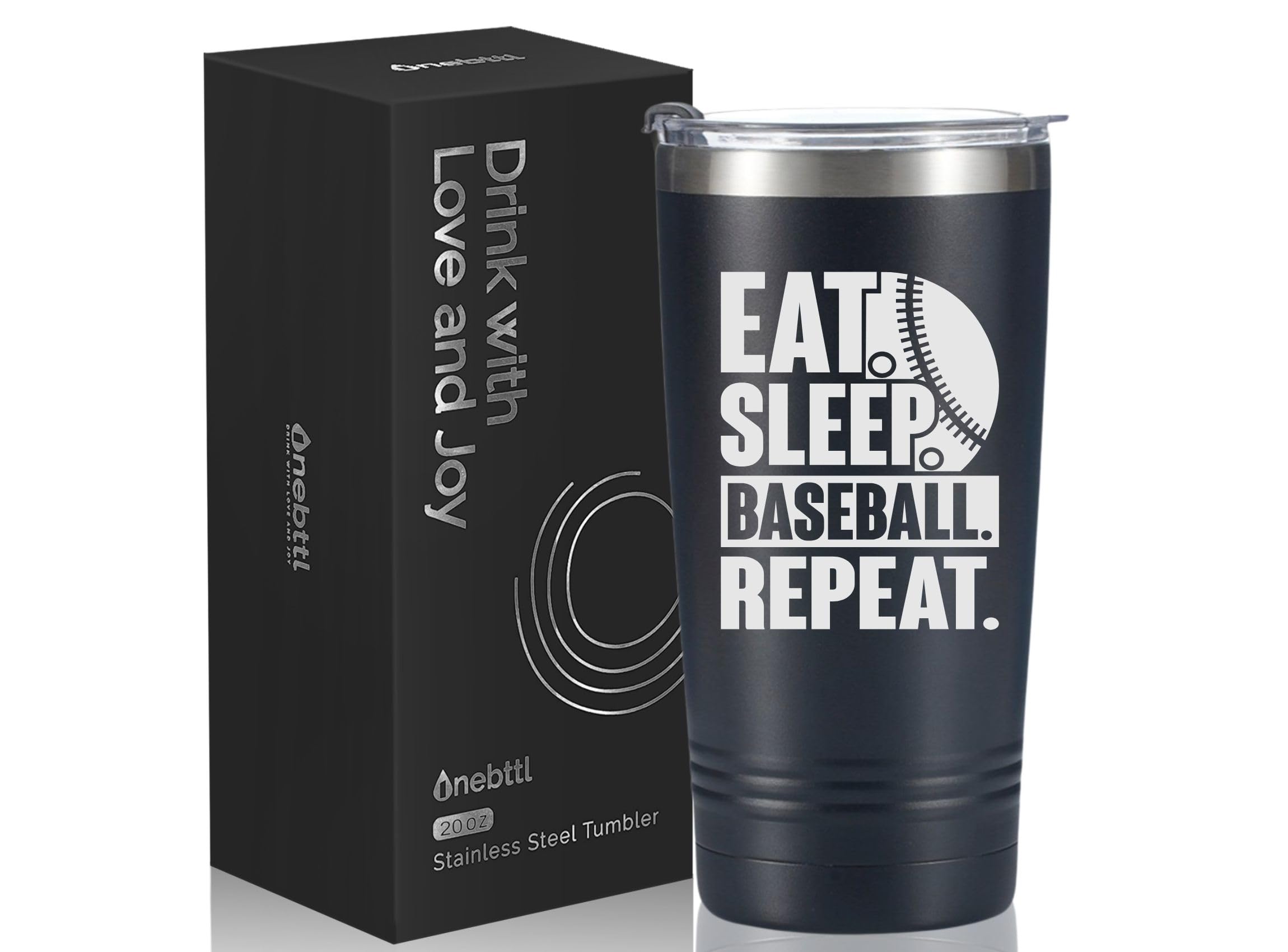 Onebttl Baseball Lovers Gifts, Baseball Gifts for Coach, Men, Dad on Birthday Christmas, 20oz Stainless Steel Tumbler - Eat Sleep Baseball Repeat, Black