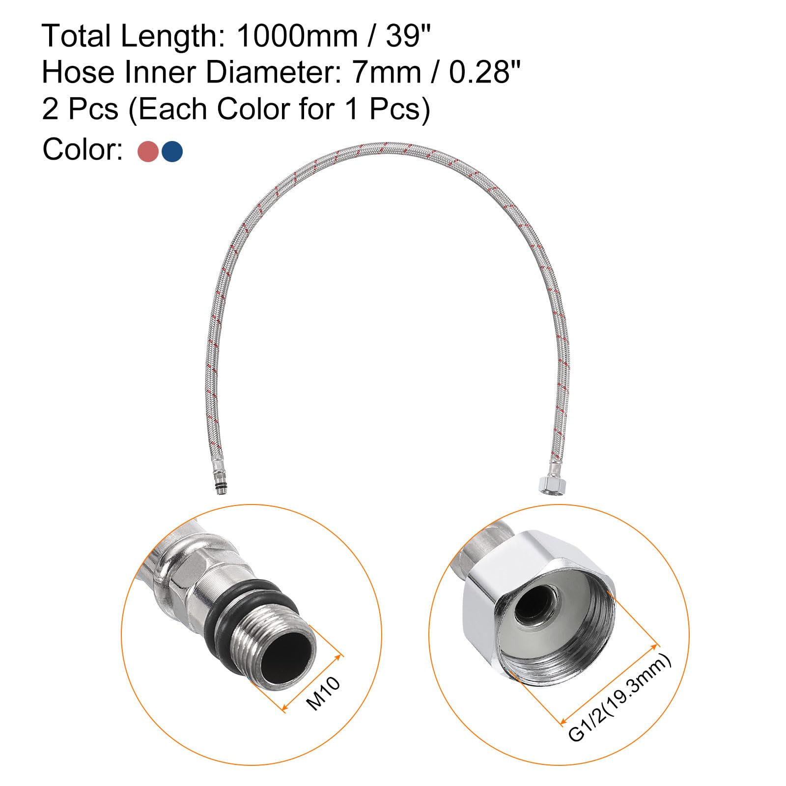 uxcell 39Inch Long Faucet Supply Line Connector, 2pcs G1/2 Female Compression Thread x M10 Male Connector Braided Short 304 Stainless Steel Water Supply Hose Line