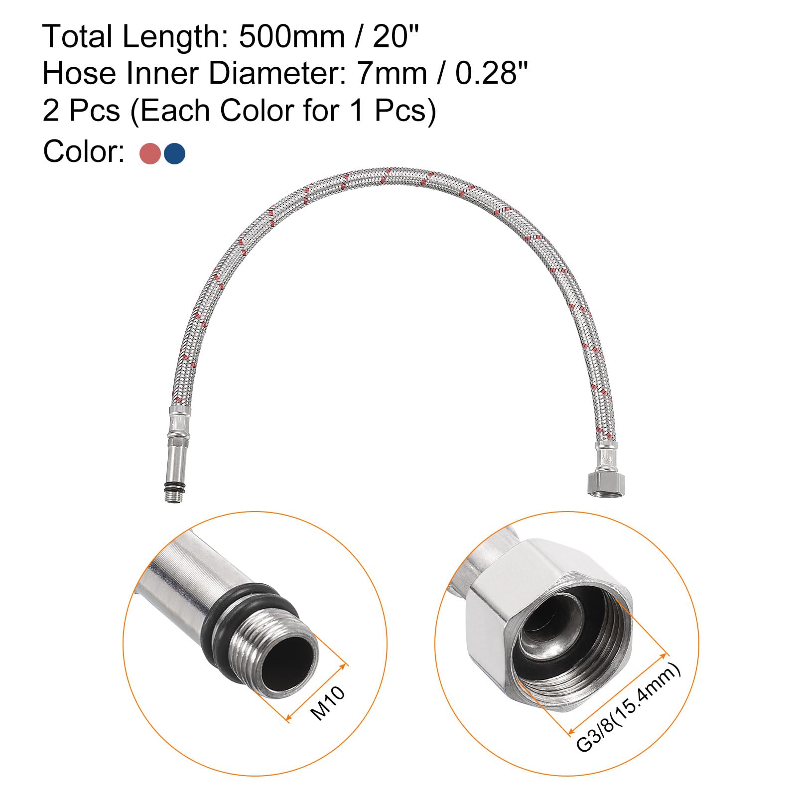 uxcell 20 Inch Long Faucet Supply Line Connector, 2pcs G3/8 Female Compression Thread x M10 Male Connector Braided 304 Stainless Steel Water Supply Hose Line