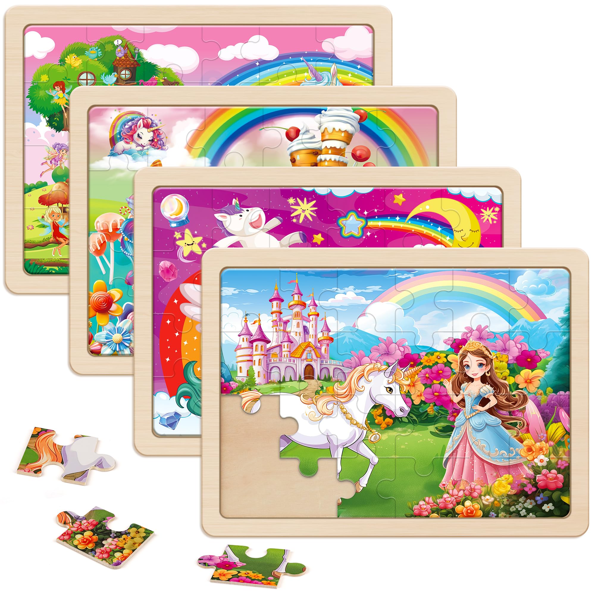 SYNARRY Large Unicorn Princess Fairy Wooden Puzzles for Girls Gift Box(12.2*9.4 in) - FSC Certified, 24 Pcs Puzzles for Kids Ages 4-6, Puzzles for Toddlers 3-5, Unicorn Toys Gifts for 3 4 5 Year Old