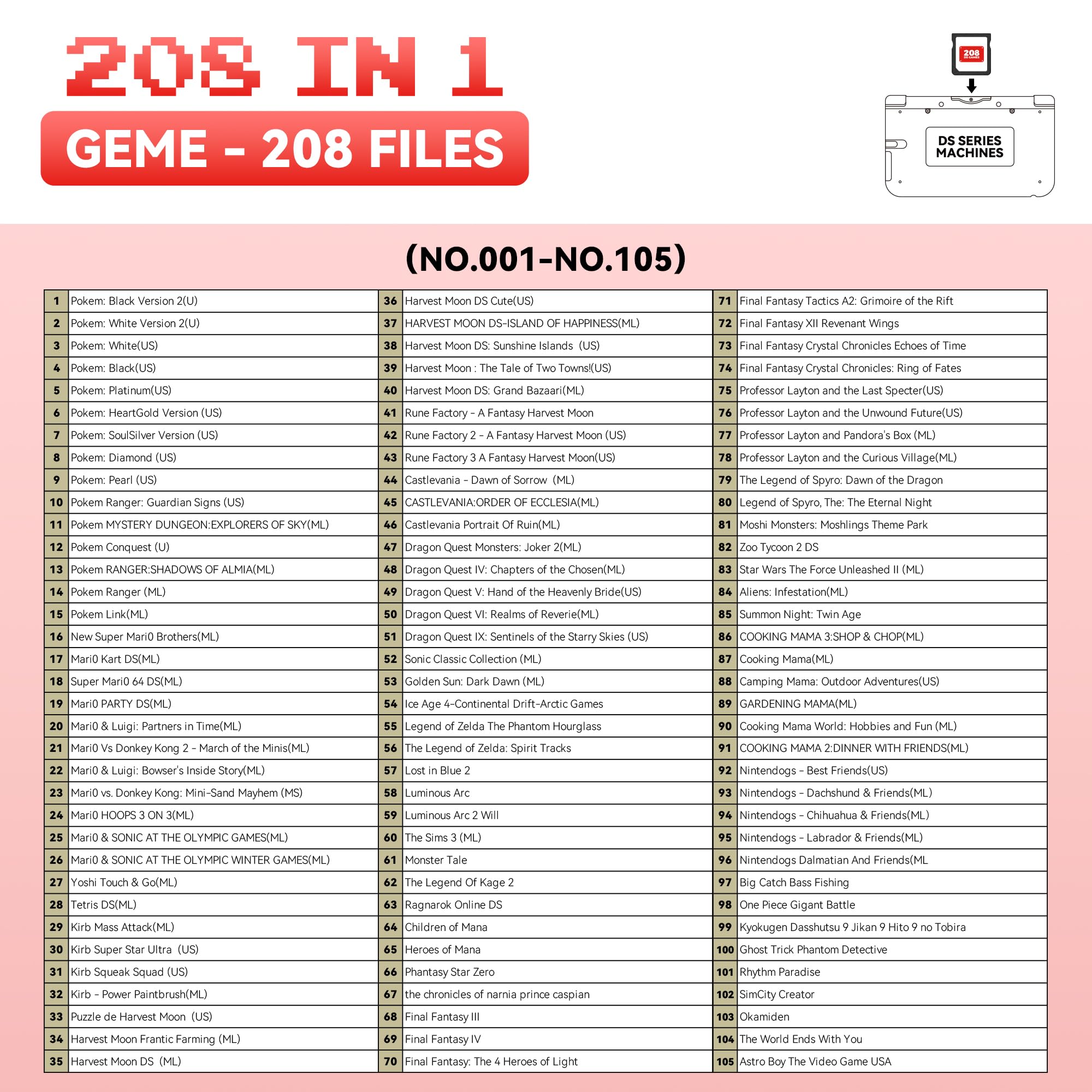 【2024 Newest】208 in 1 Super Combo Game Cartridge, Retro Game Pack Card Compilation with 208 Games