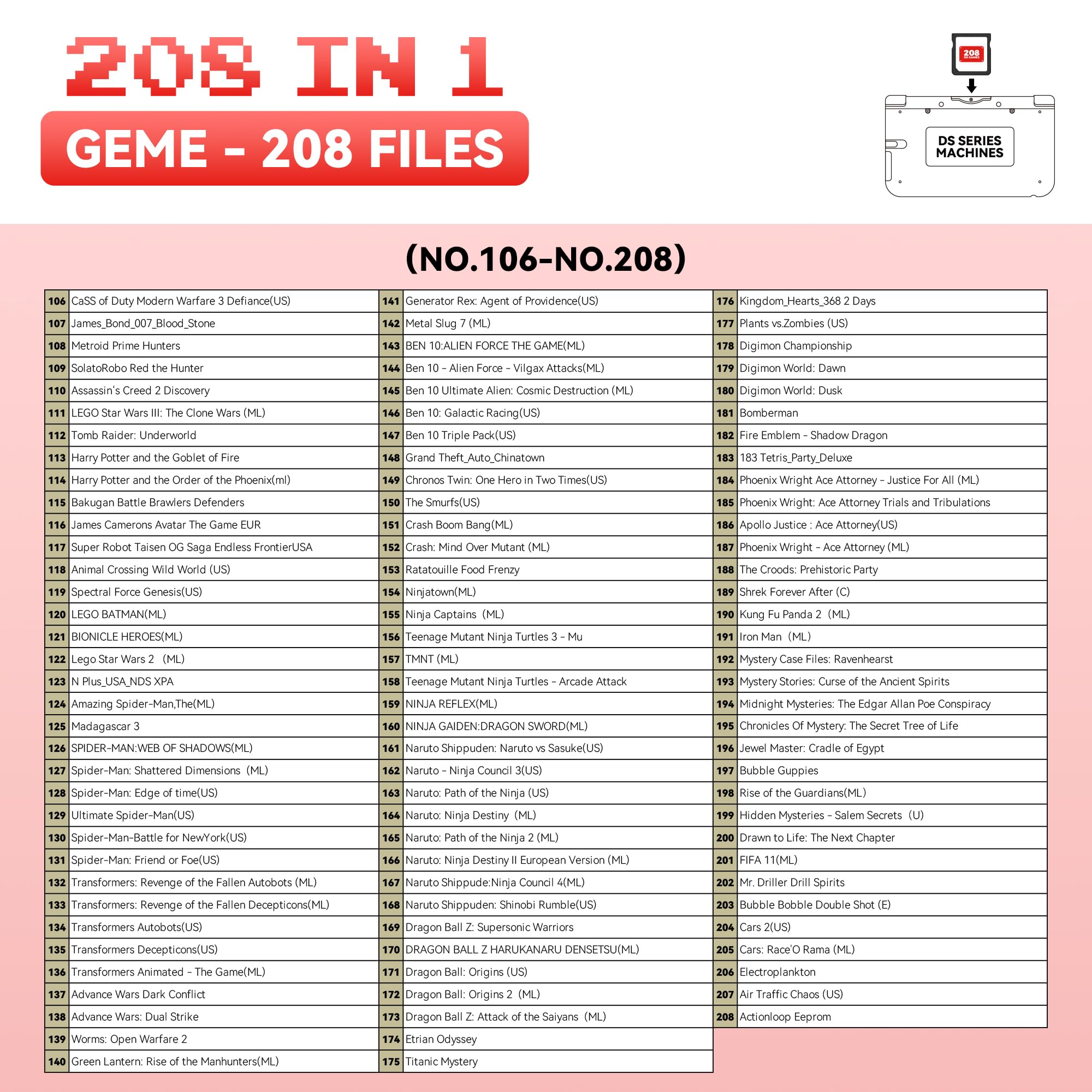 【2024 Newest】208 in 1 Super Combo Game Cartridge, Retro Game Pack Card Compilation with 208 Games