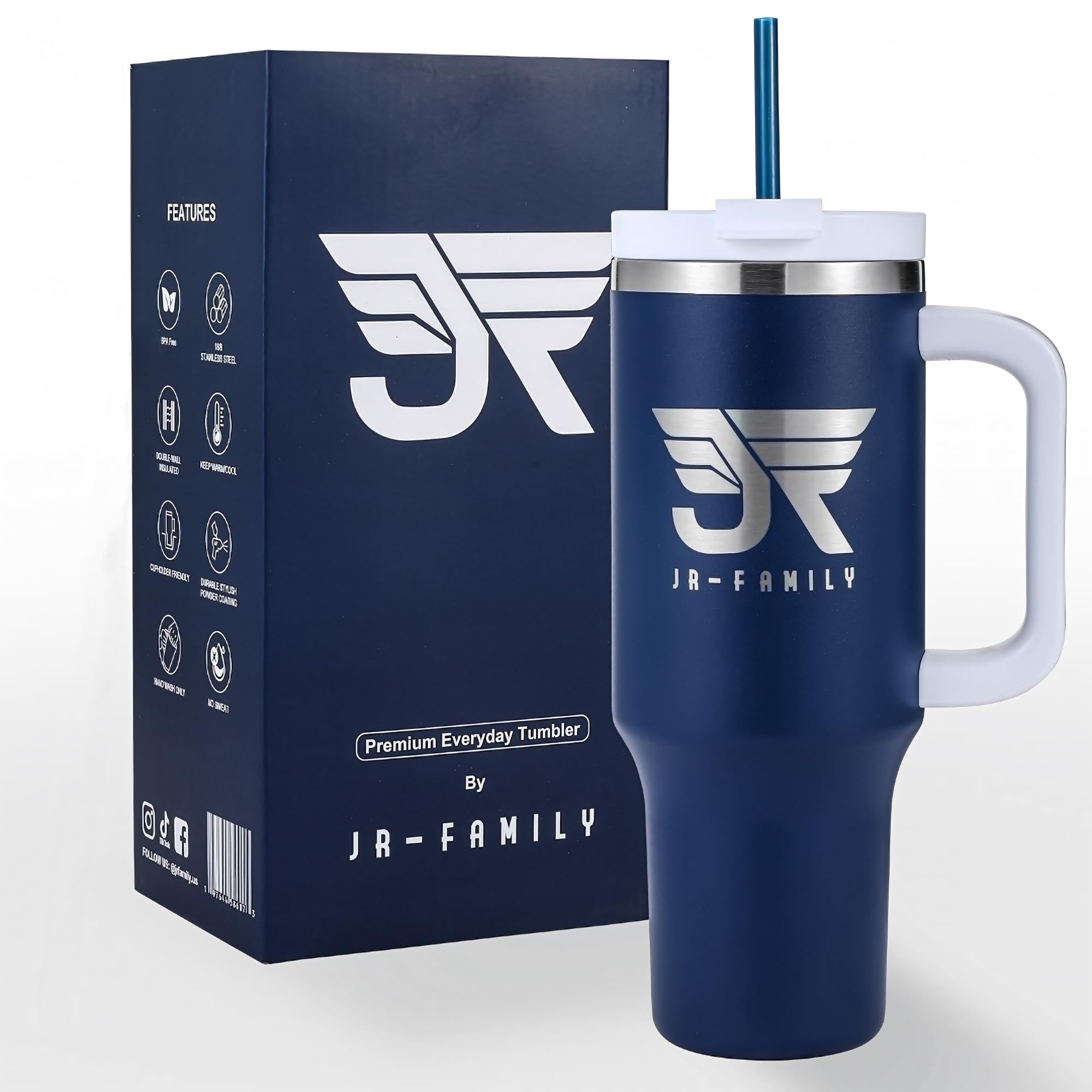 JR-FAMILY 40oz Spill Proof Tumbler with Lid Straw and Handle, Stainless Steel Insulated Travel Coffee Mug, Cup Holder Friendly, Easy Clean, Gifts for Women Men - Navy Blue