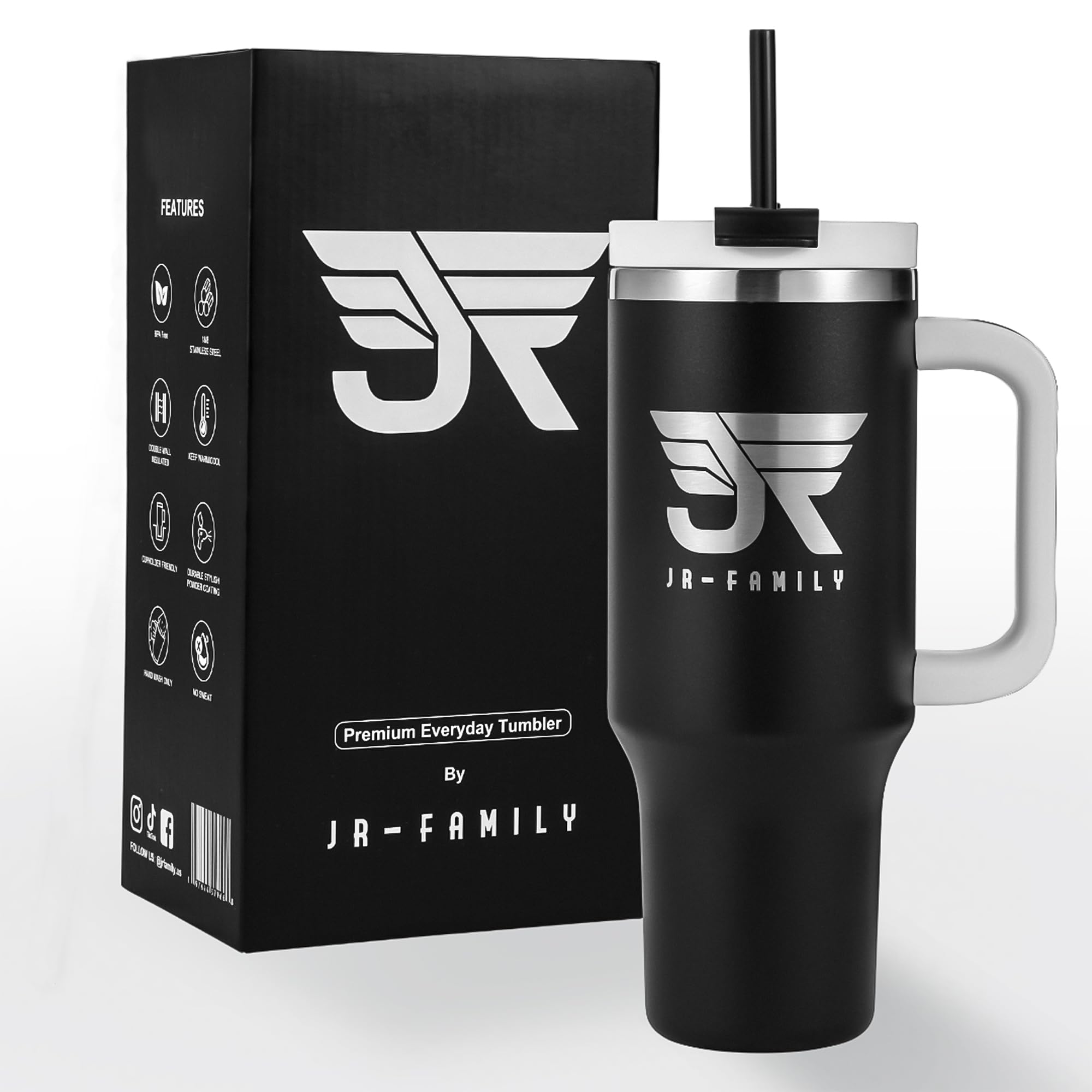 JR-FAMILY 40oz Spill Proof Tumbler with Lid Straw and Handle, Stainless Steel Insulated Travel Coffee Mug, Cup Holder Friendly, Easy Clean, Gifts for Women Men - Black