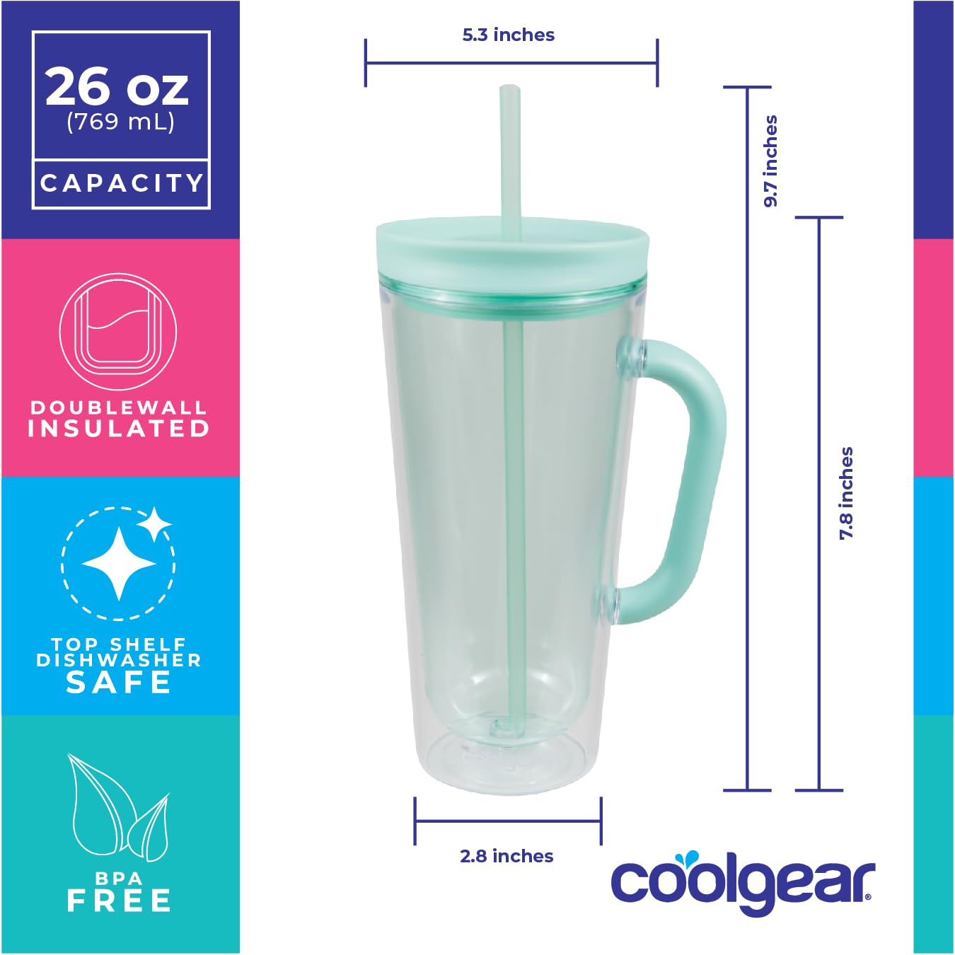 COOL GEAR 3-Pack 26 oz Spritz Tumbler with Straw and Handle | Pressure Fit Lid, Colored Re-Usable Tumbler Water Bottle with Straw and Handle - Blueberry Pack