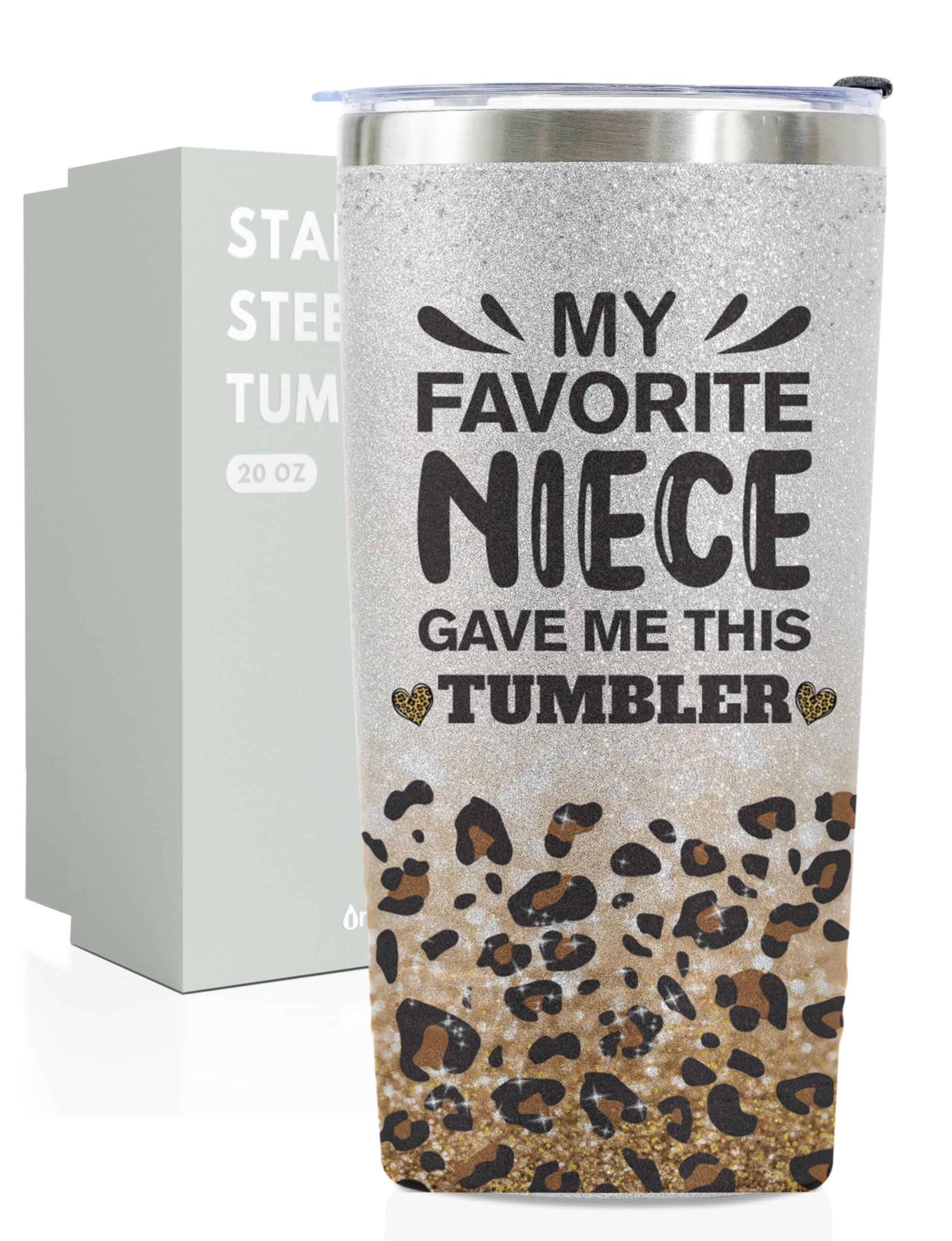 Onebttl Aunt Gifts from Niece, Insulated Stainless Steel Wine Tumbler with Lid and Straw, for Auntie on Mother’s Day, Birthday, Christmas, 20 oz, Gliter Silver, My Favorite Niece gave me this tumbler
