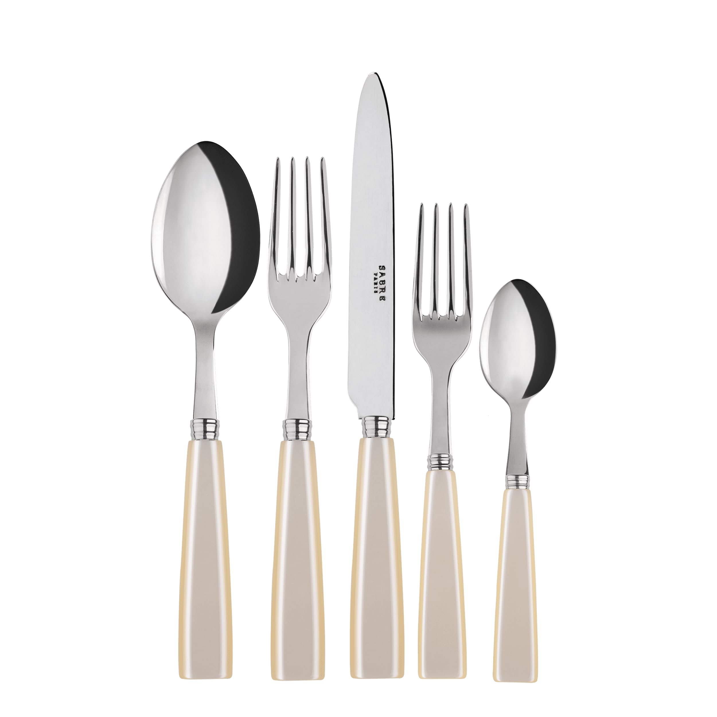 SABRE PARIS - 5-Piece Flatware Set - IcĂŽne Collection - Knife, Fork, Soup Spoon, Teaspoon & Dessert Fork - Stainless Steel & Acrylic - Dishwasher Safe - Pearly White