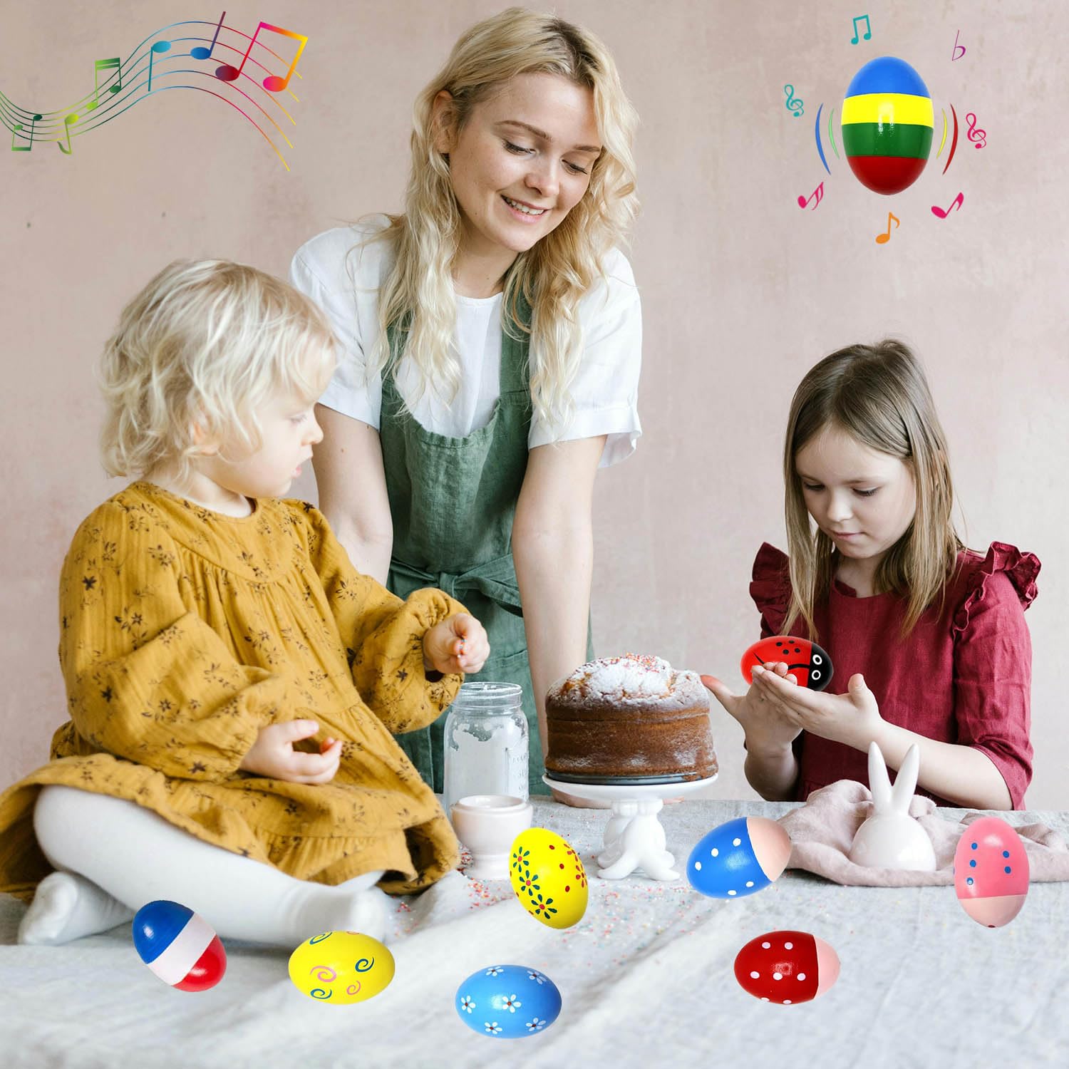 UPINLOOK 9 Pcs Wooden Easter Eggs Shakers Maracas for Baby Kids Classroom Prize Musical Instrument Early Learning Toys Easter Basket Stuffers Fillers