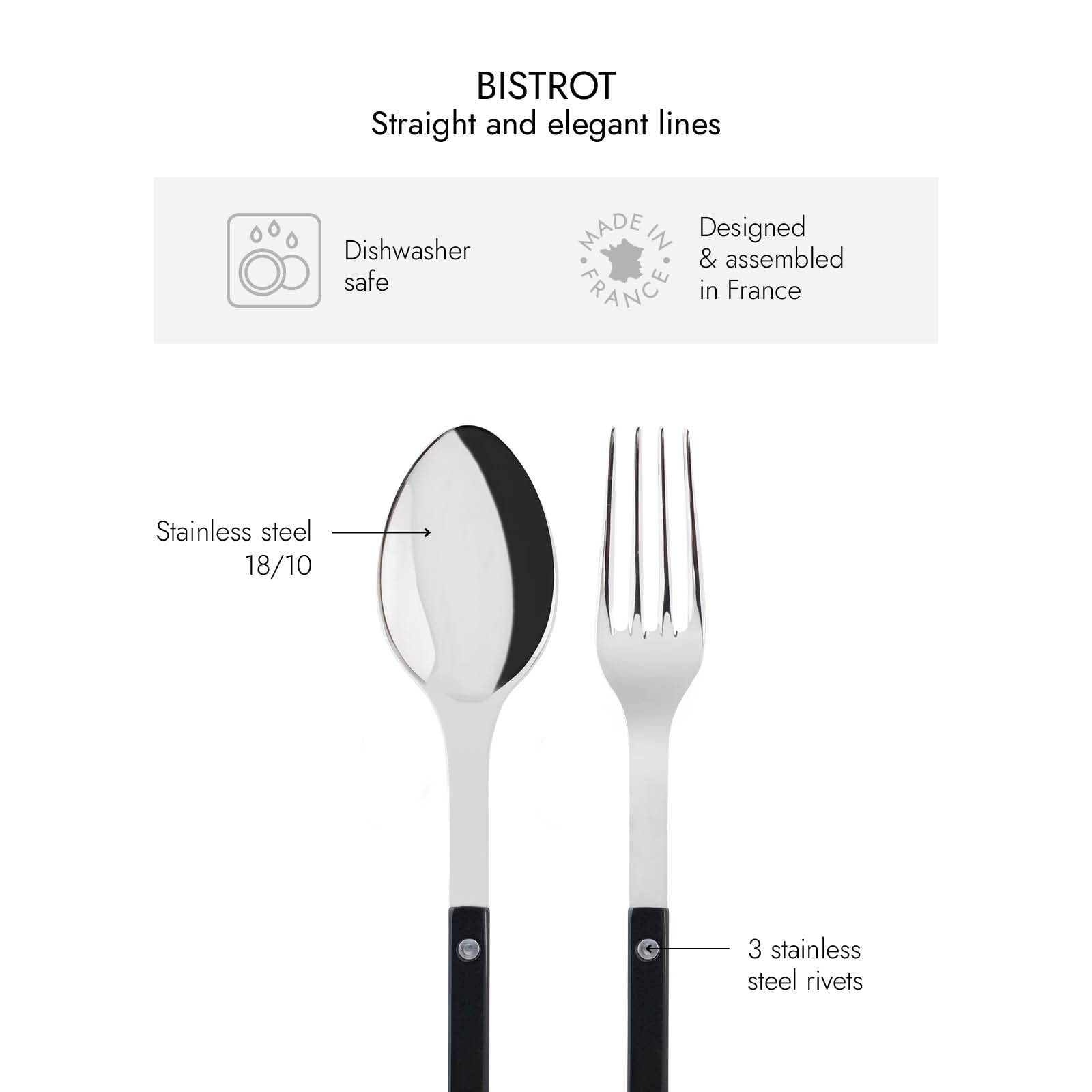 SABRE PARIS - 2-Piece Serving Set - Bistrot Collection - Large Fork & Large Spoon - Stainless Steel & Nylon - Dishwasher Safe - Black - Brilliant Finish