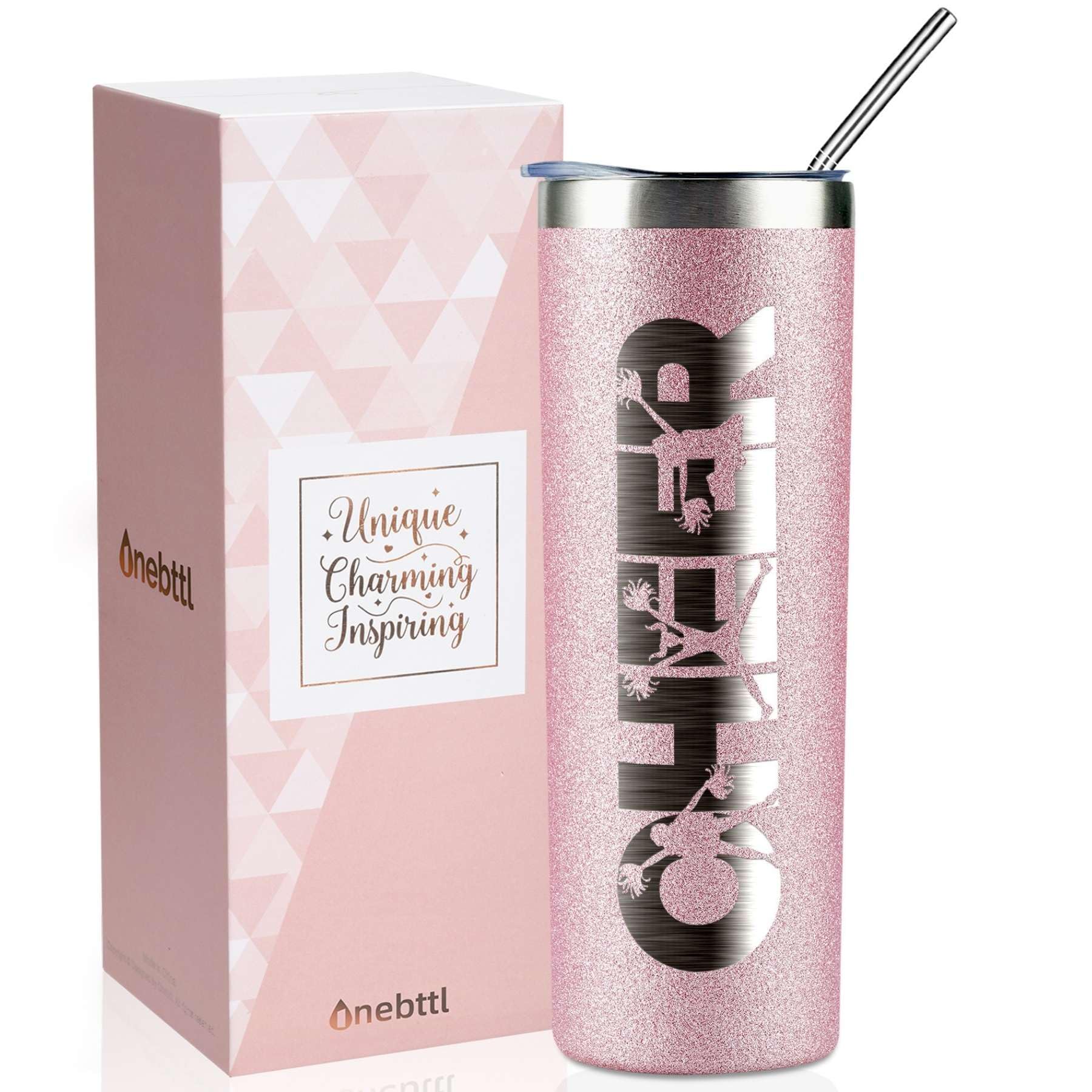Onebttl Cheerleader Glitter Tumbler Gifts For Girls - Cheer - 20oz/590ml Stainless Steel Insulated Tumbler with Straw, Lid - Gift for Cheerleading, Coach or Cheer Squad - (Rose gold)