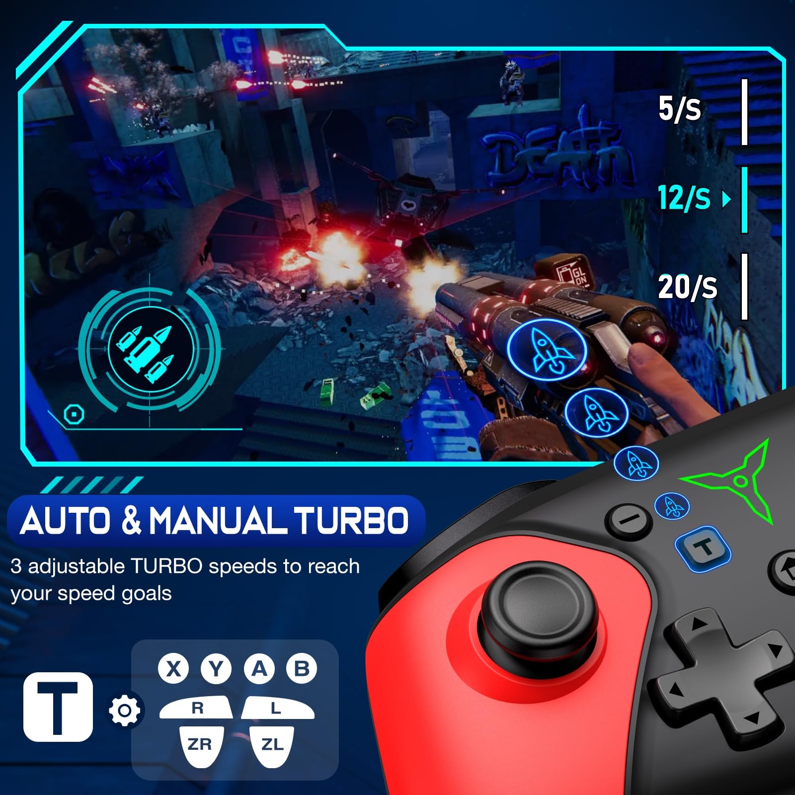 ELISWEEN Wireless Switch Controller for Switch Controller/Lite/OLED, Switch Controller Joysticks Work with iOS/Android/PC-Switch Pro TURBO Controller with Wake-up Programmable (Upgraded Vision)