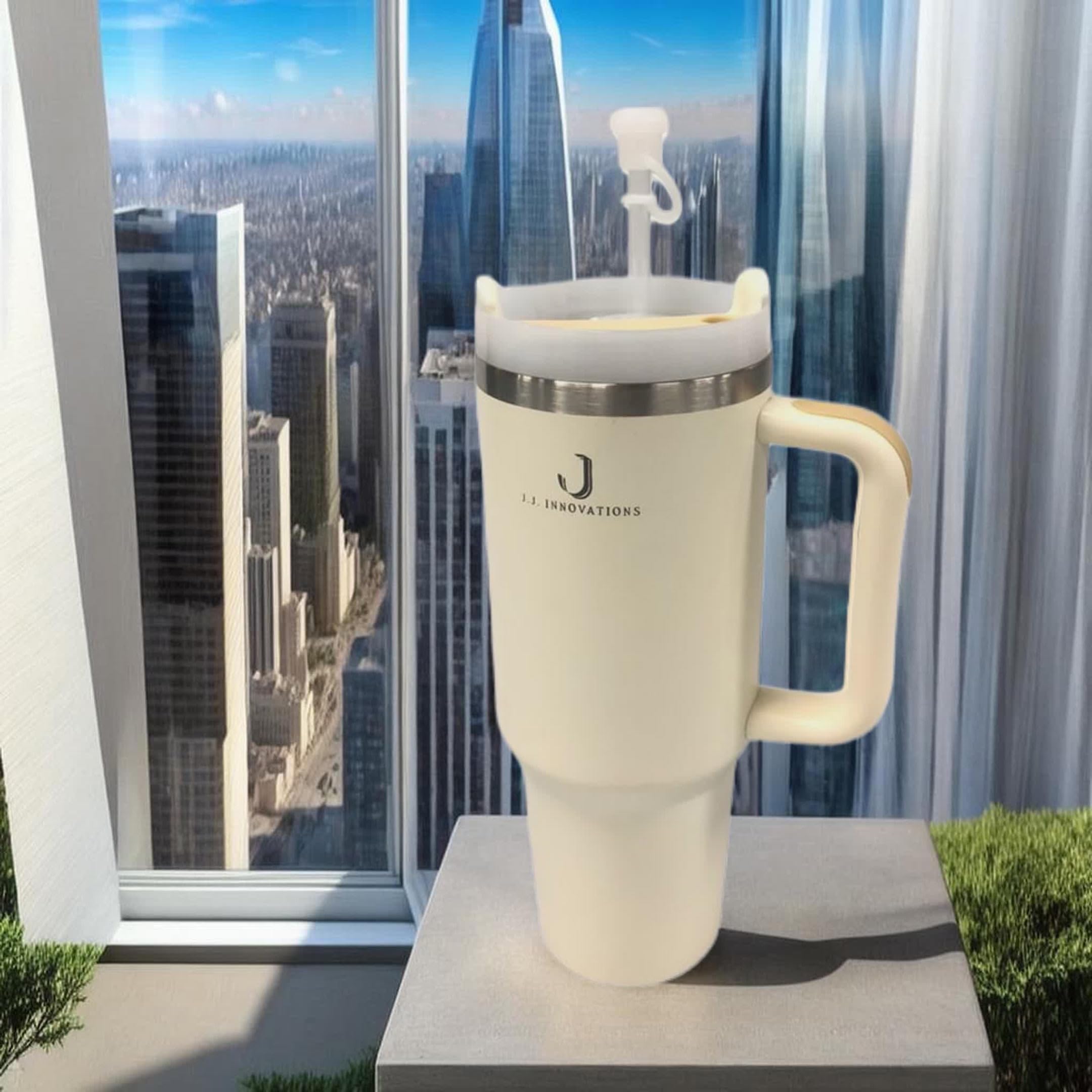 J.J. INNOVATIONS 40oz Stainless Steel Vacuum Insulated Tumbler with Lid, Sorbet, Handle, Sorbet Cap & Protection Set, Long Hours Cold or Hot Temperature, No Sweating, Portable Tumbler. (CREAM)